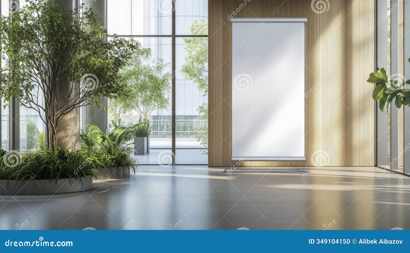 Modern Office Lobby With Indoor Greenery And Floor-to-ceiling Windows ...