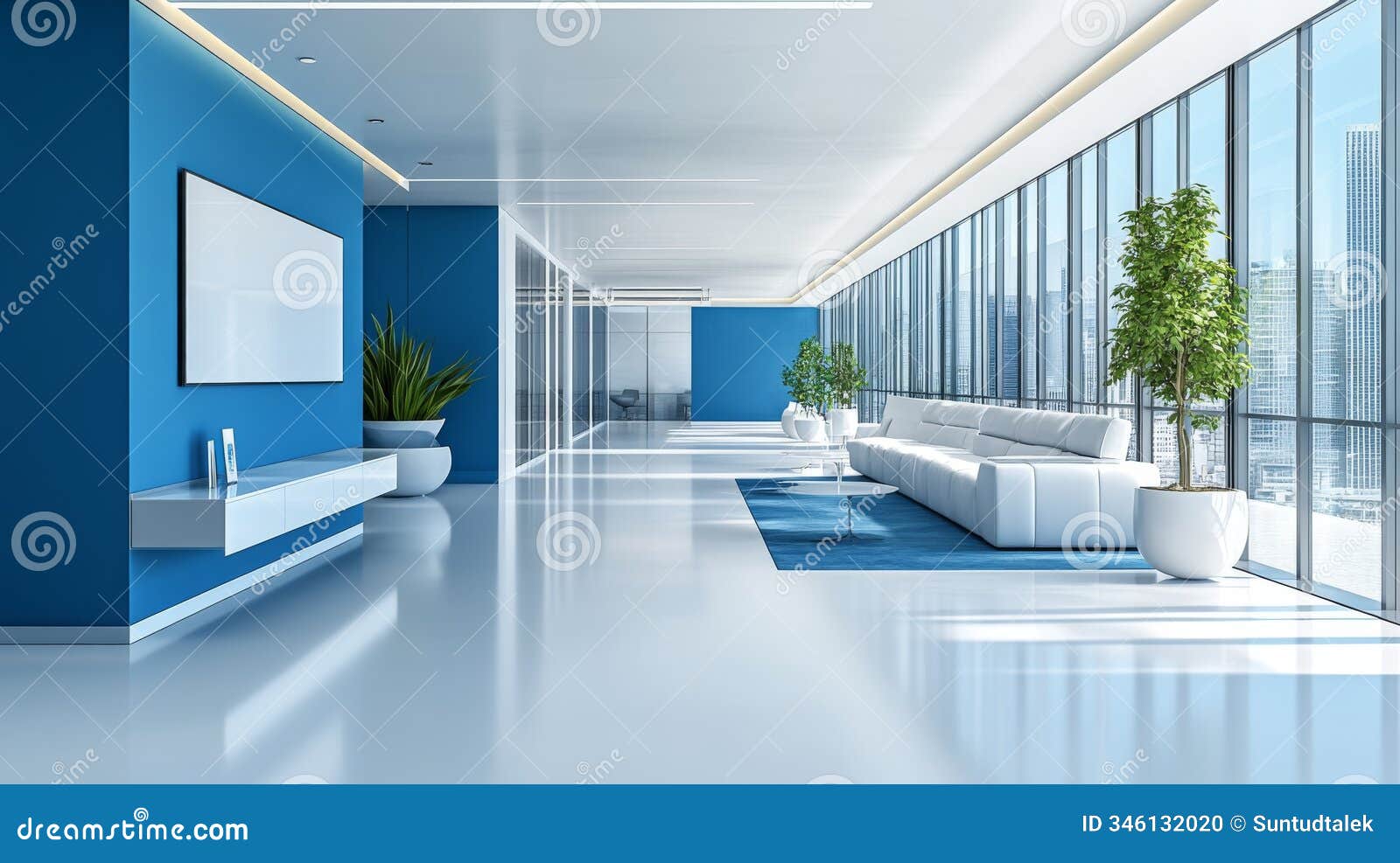 Modern Office Lobby Interior Design with Blue Wall and White Sofa Stock ...