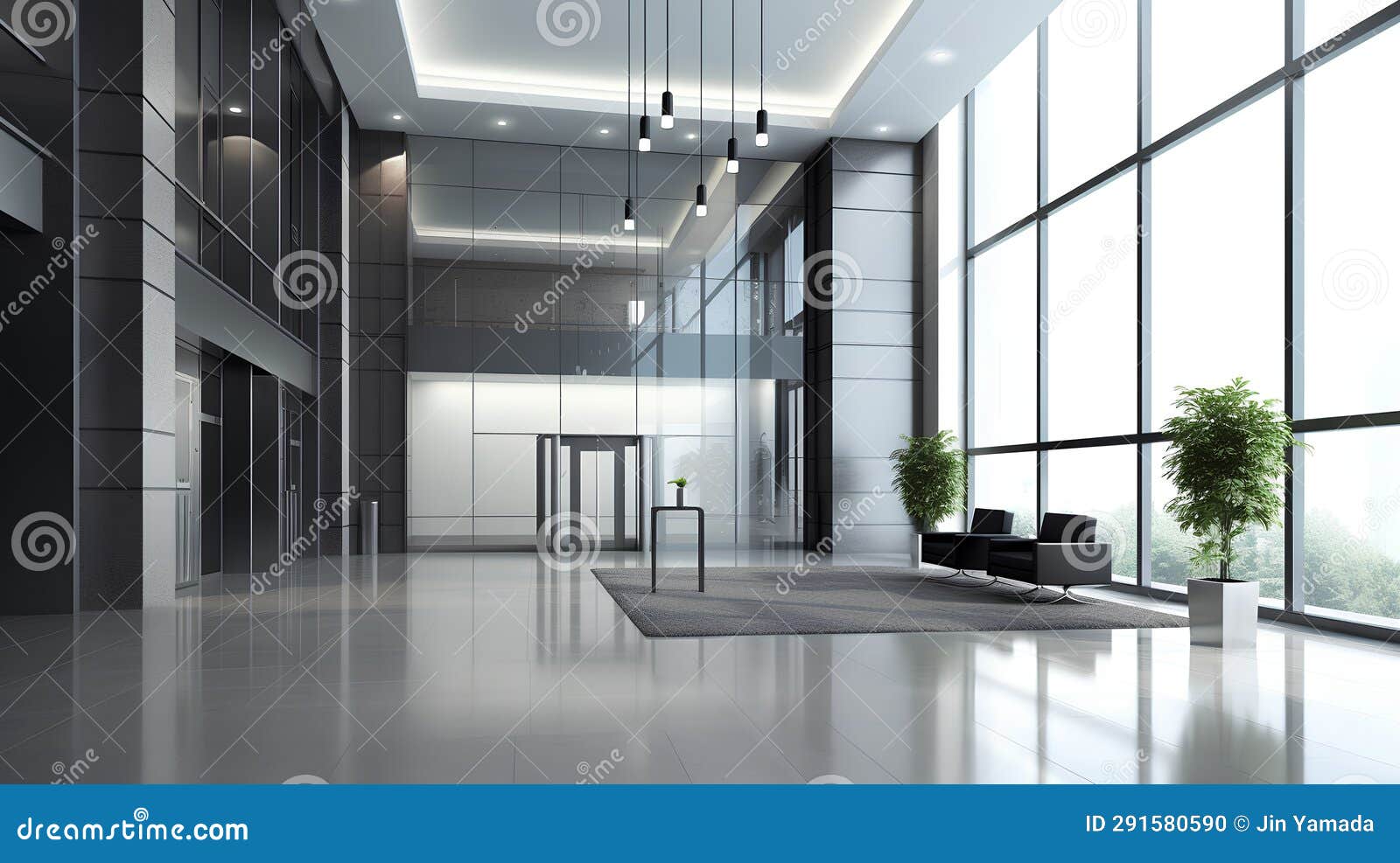 Modern Office Lobby Interior with Glass Walls and Tiled Floor. 3d ...