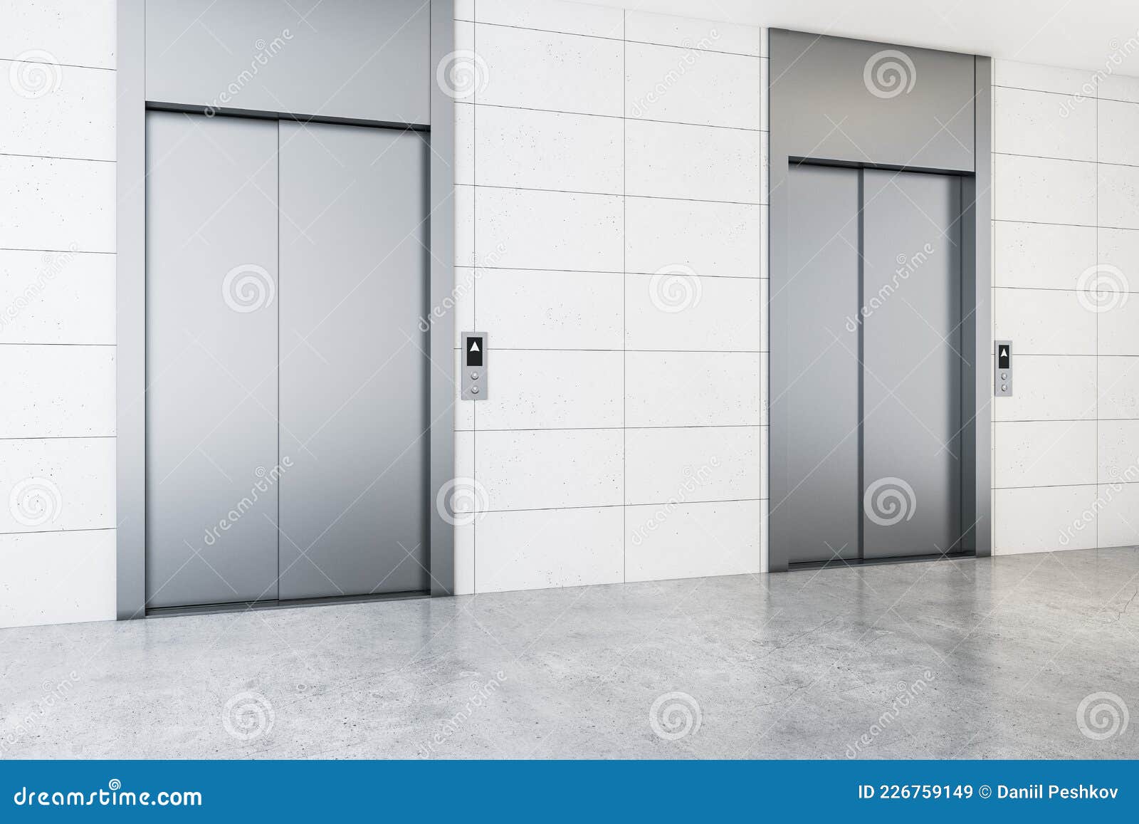 Modern Office Lobby Interior With Steel Elevators, Concrete Flooring ...