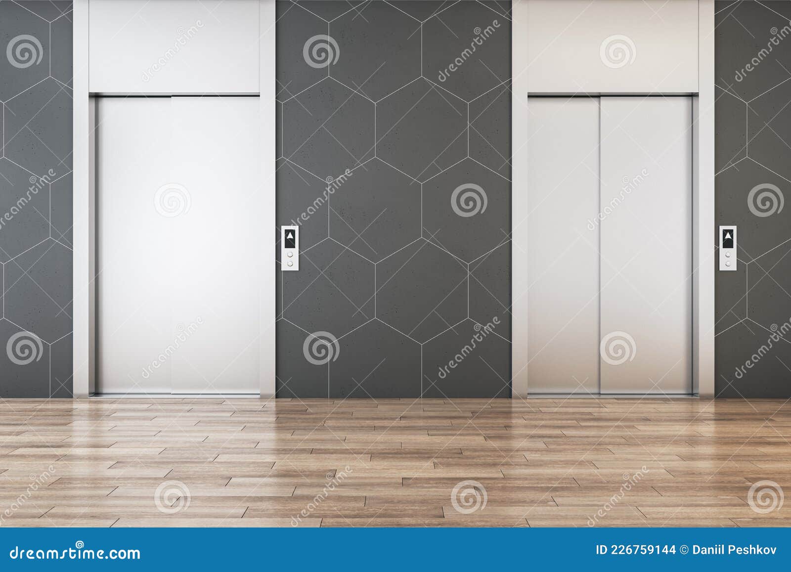 Modern Office Lobby Interior with Steel Elevators, Wooden Flooring and ...