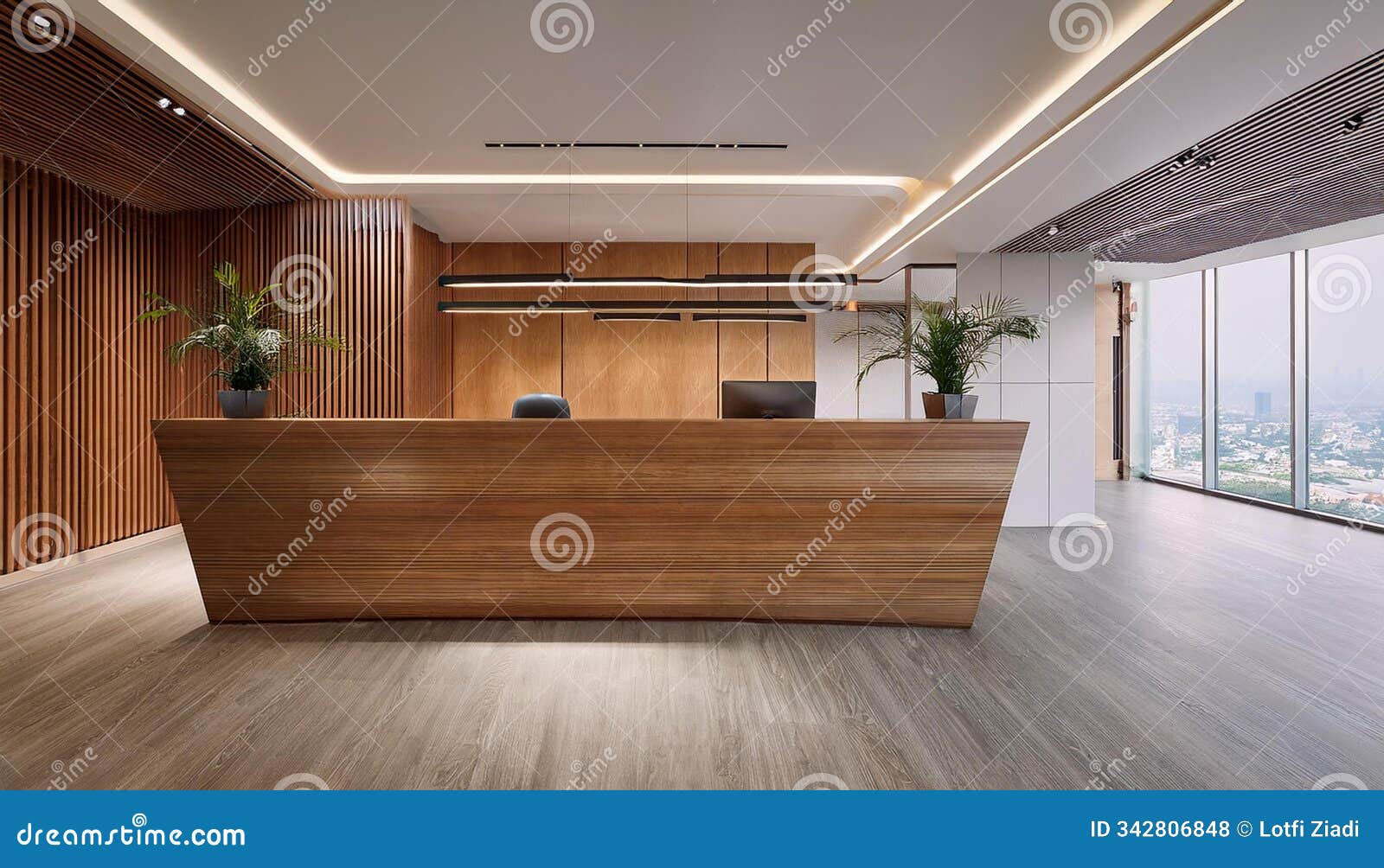 Modern Office Lobby Interior with Wooden Reception Desk. 3D Rendering ...