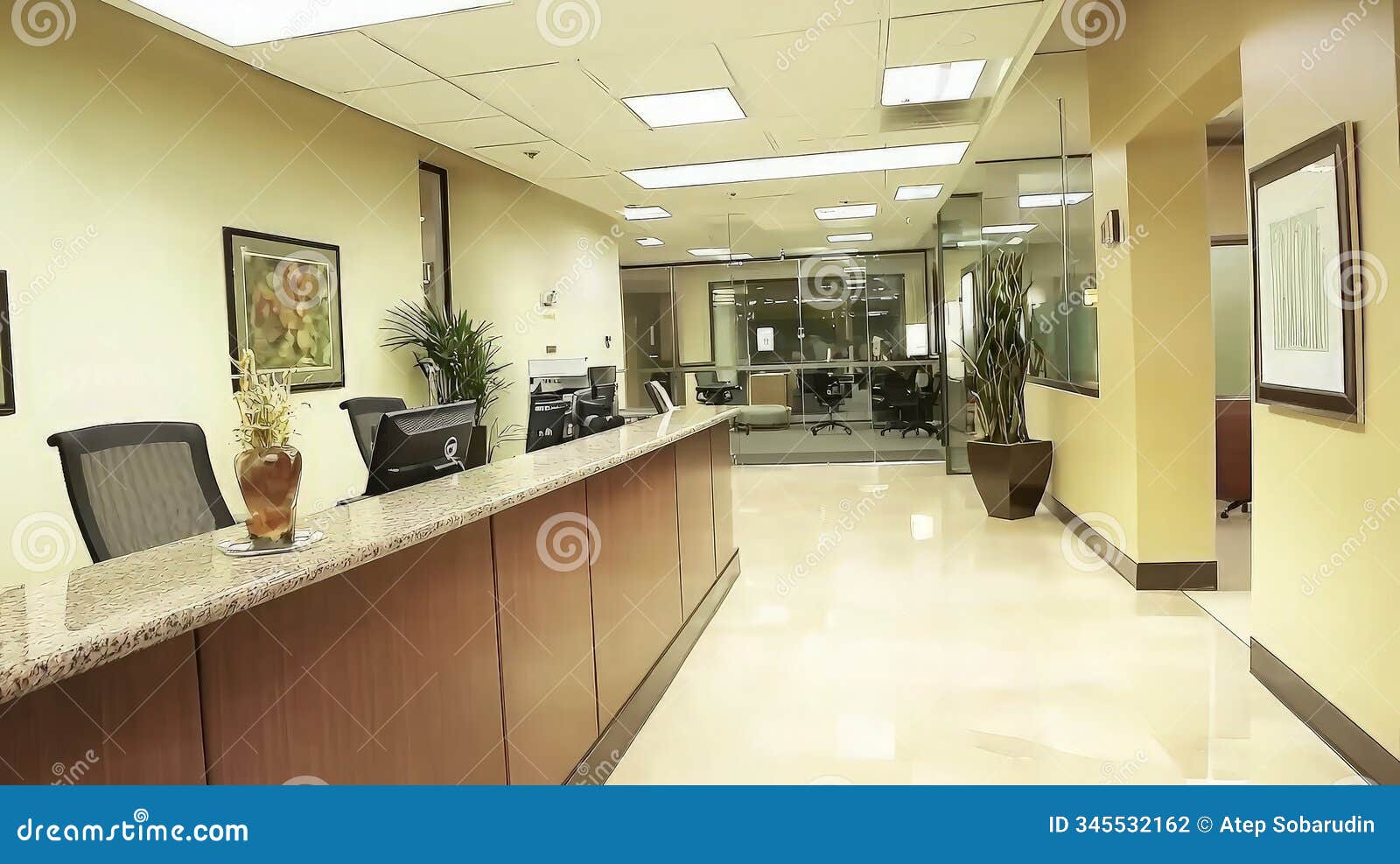 Modern Office Lobby with Reception Desk, Granite Countertop, and Plants ...