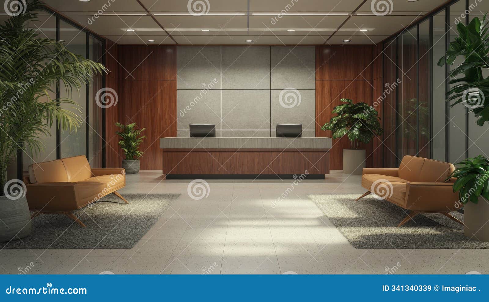 Modern Office Lobby with Reception Desk and Lounge Seating Stock ...