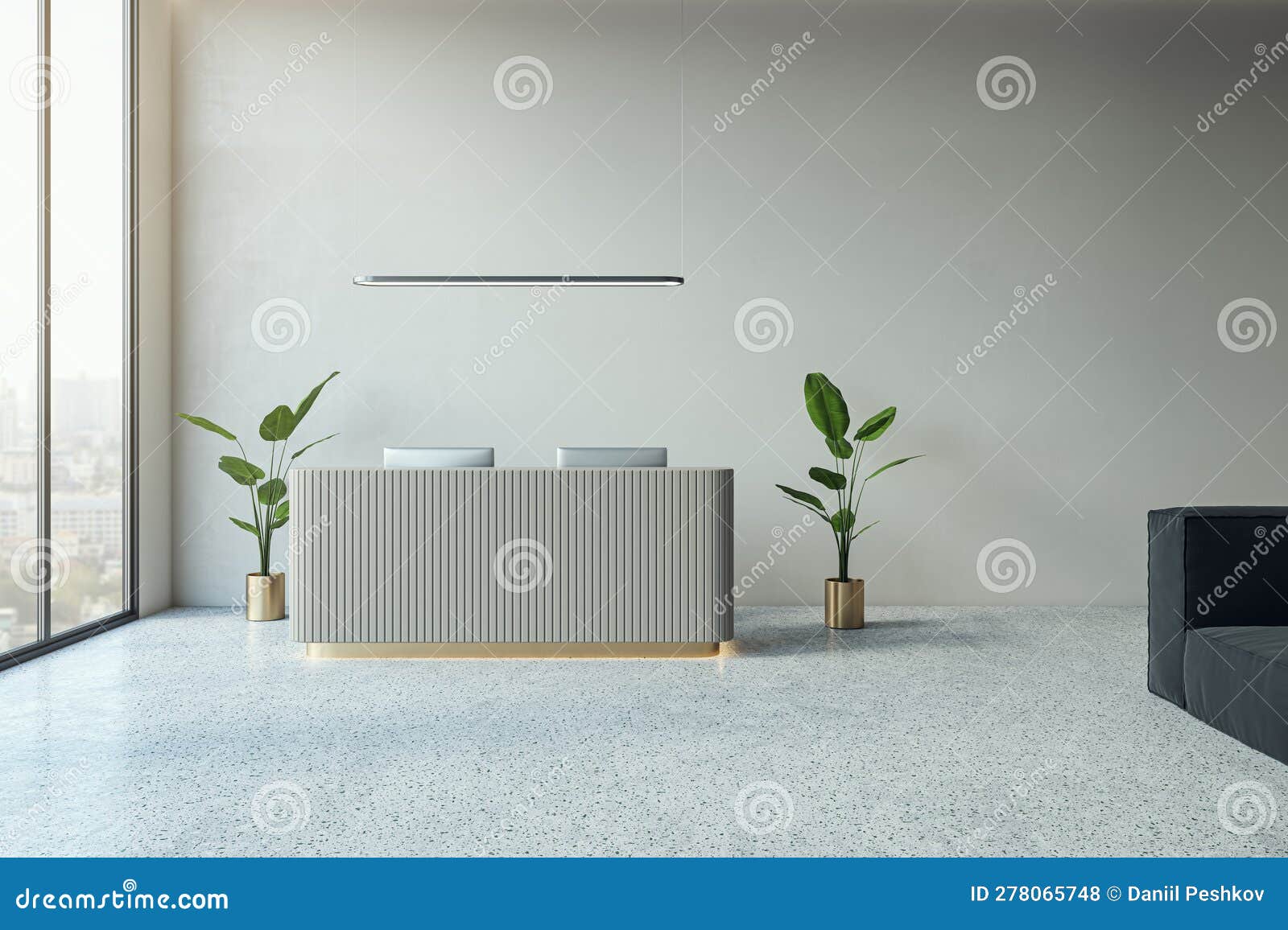 Modern Office Lobby with Reception Desk, Window with City View ...