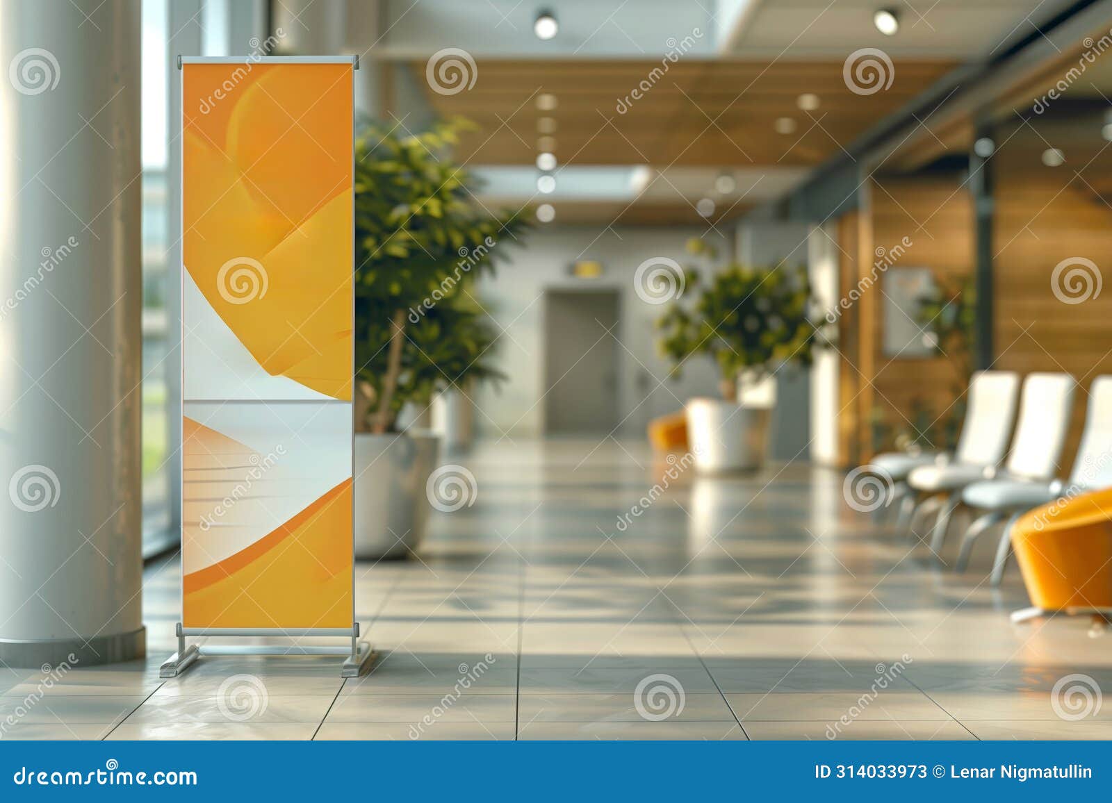 Modern Office Lobby with Roll-up Banner Stand and Plants Stock Image ...