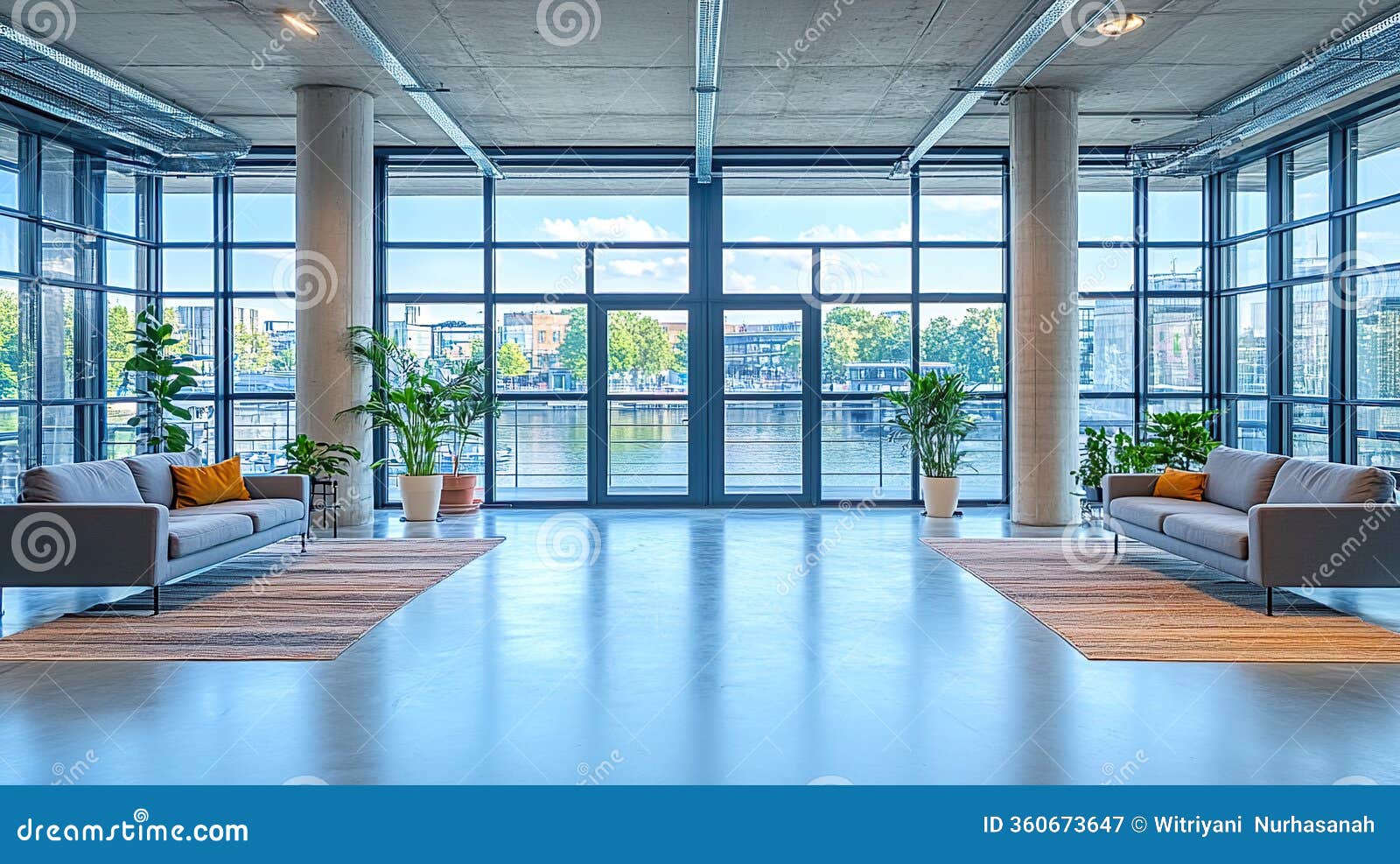 Modern Office Lobby Waterfront View, Relaxing Sofas, Cityscape ...