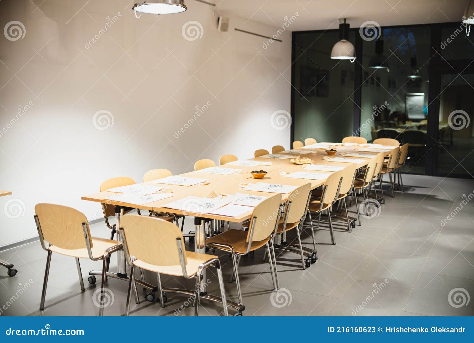 Modern Office with a Long Table and Chairs Stock Image - Image of lamp ...