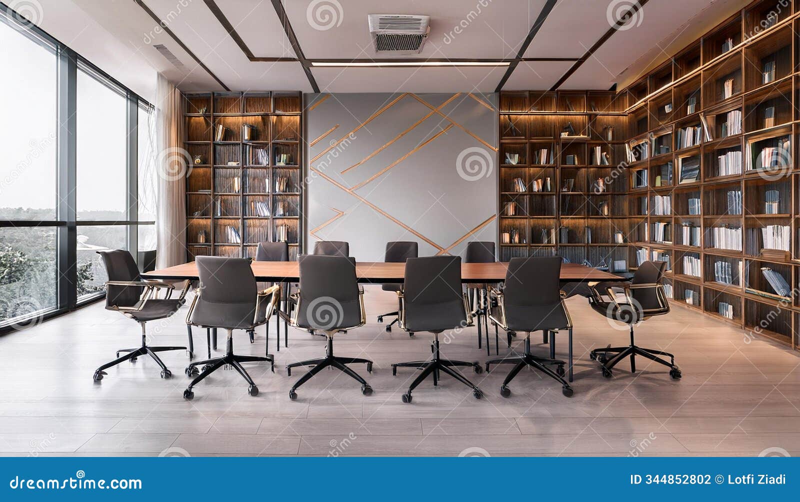 Modern Office Meeting Room with Chairs and Bookshelf Background. 3D ...