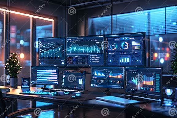 A Modern Office With Multiple Computer Screens Displaying Data Visualizations And Ai Algorithms