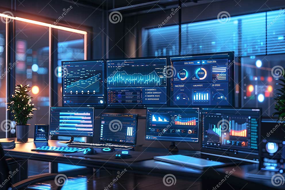A Modern Office With Multiple Computer Screens Displaying Data Visualizations And Ai Algorithms