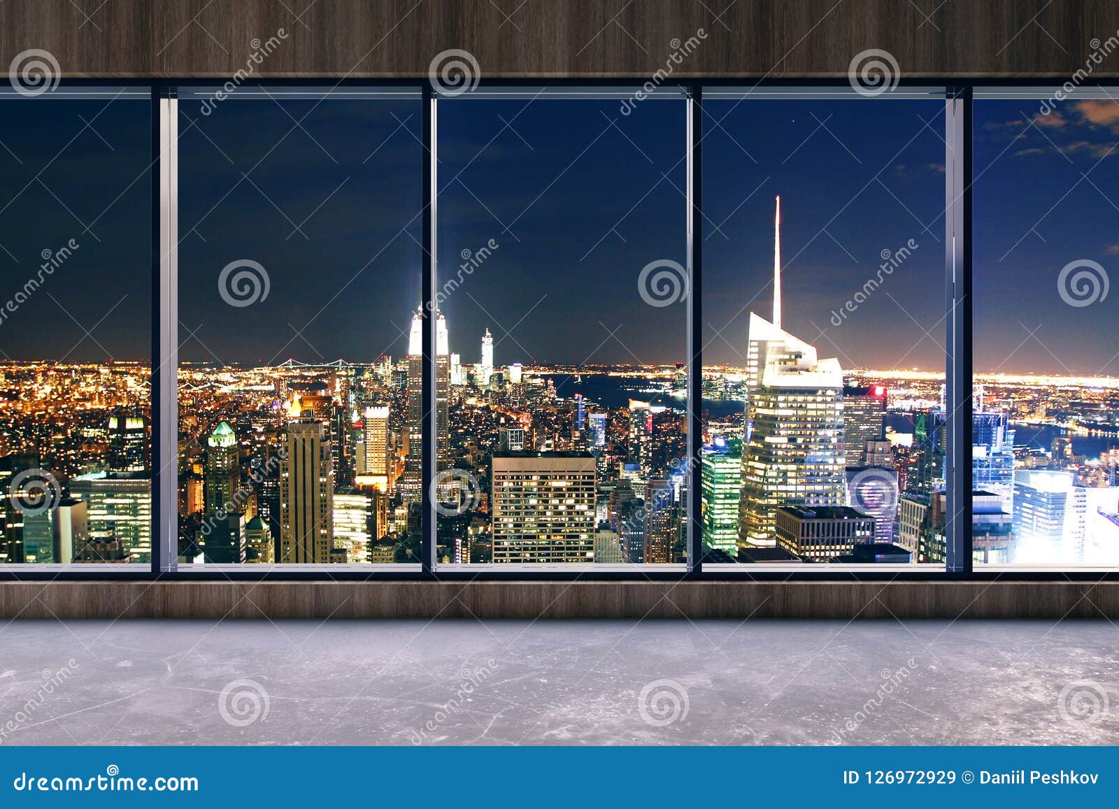 Modern Office with Night City View Stock Illustration - Illustration of ...