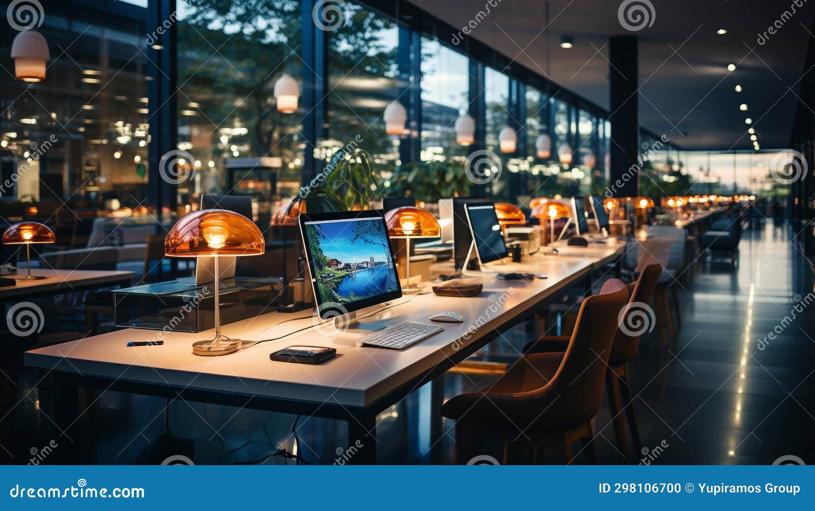 Modern Office at Night, Computer Monitor Illuminates the Desk Generated ...