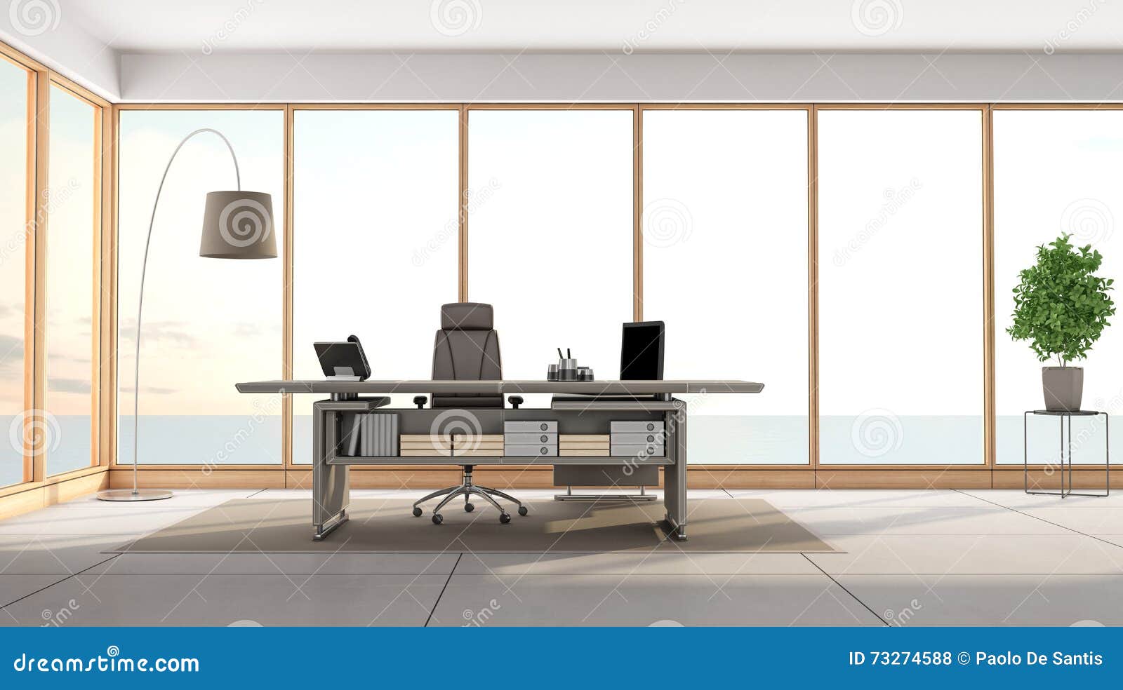 Modern Office Overlooking the Sea Stock Illustration - Illustration of ...
