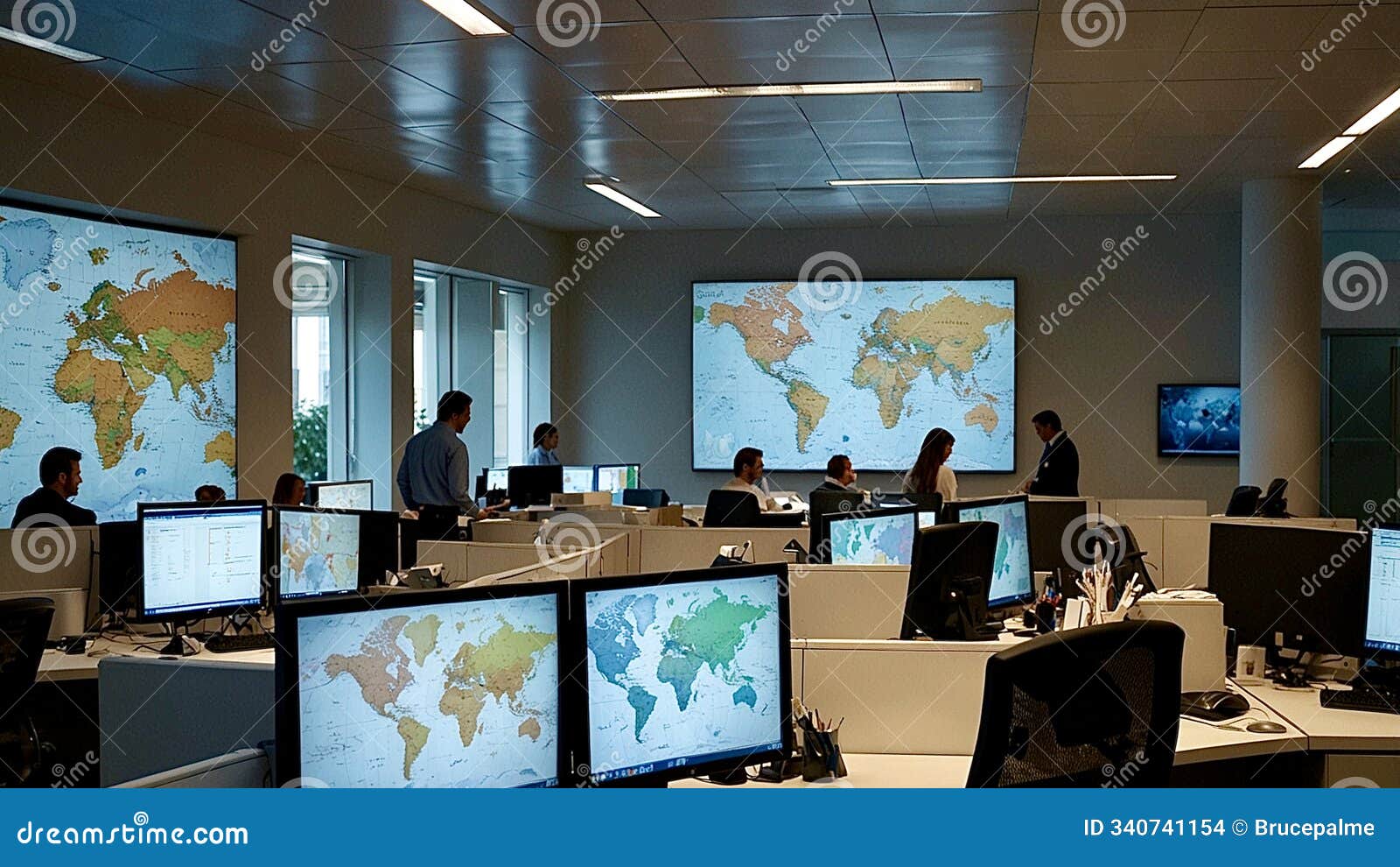 A Modern Office with People Working on Computers. a Large Screen with a ...