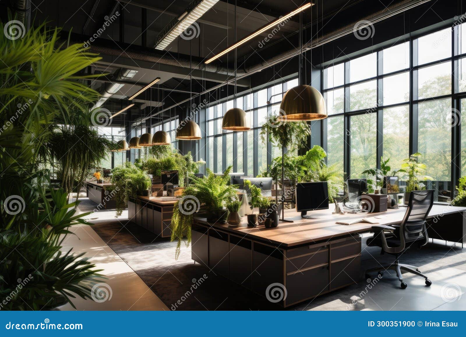 Modern Office with Plants and Panoramic Windows Stock Photo - Image of ...