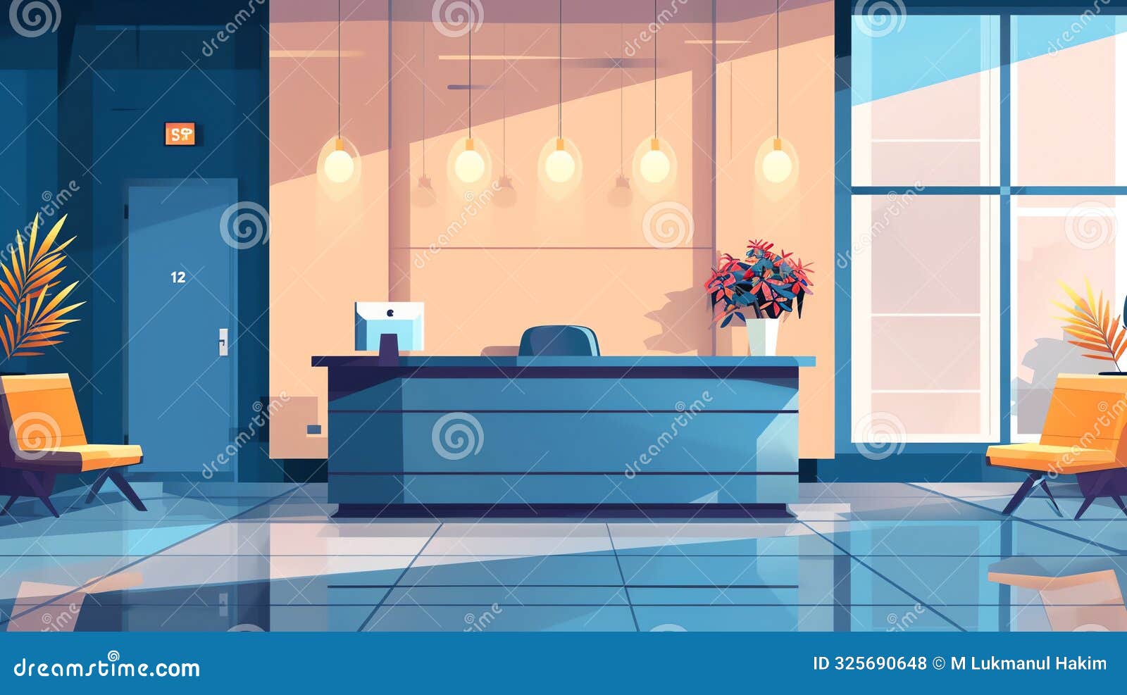 Modern Office Reception Area with Desk, Chairs, and Large Windows Stock ...