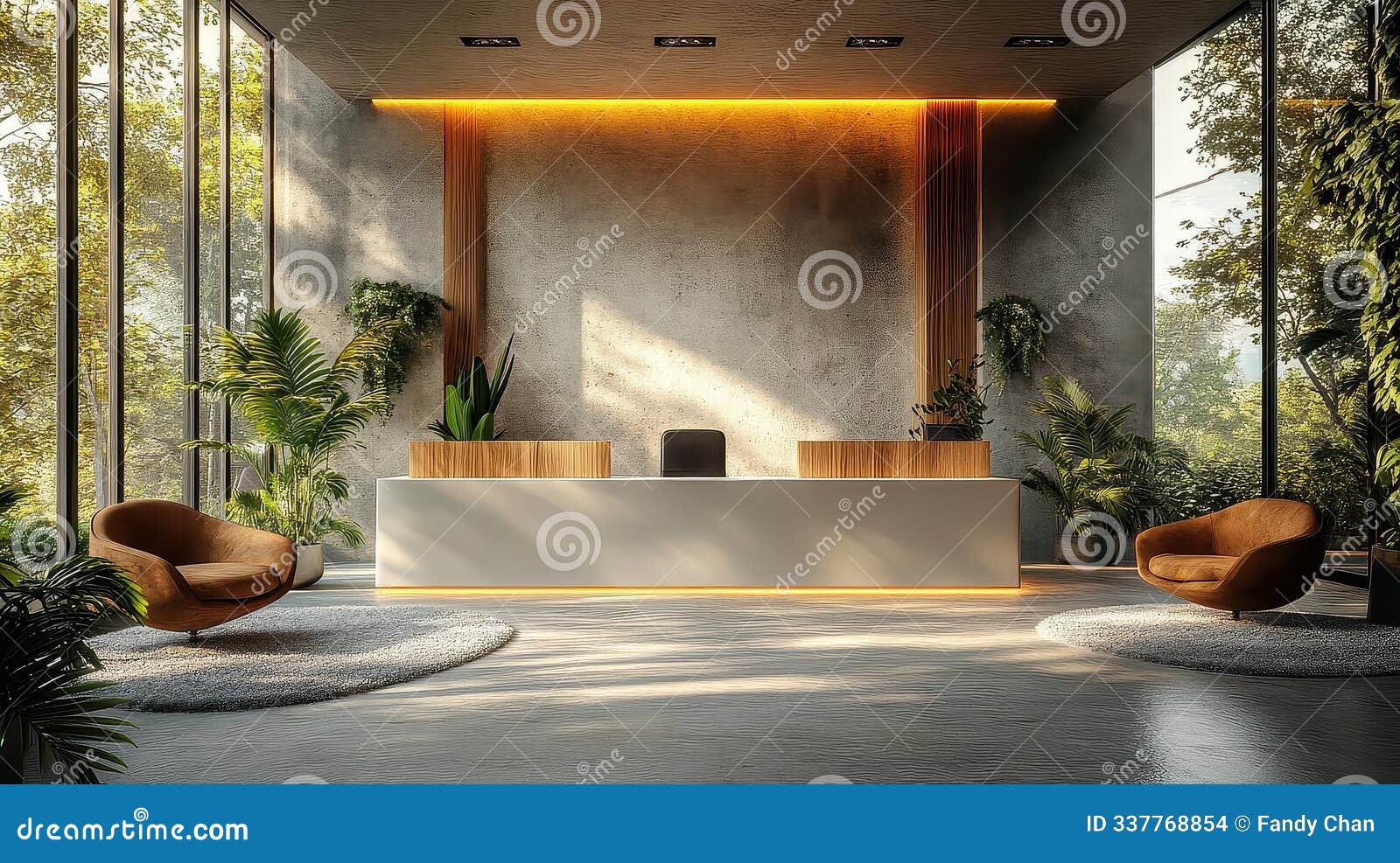 Modern Office Reception Area with Natural Light and Greenery Stock ...