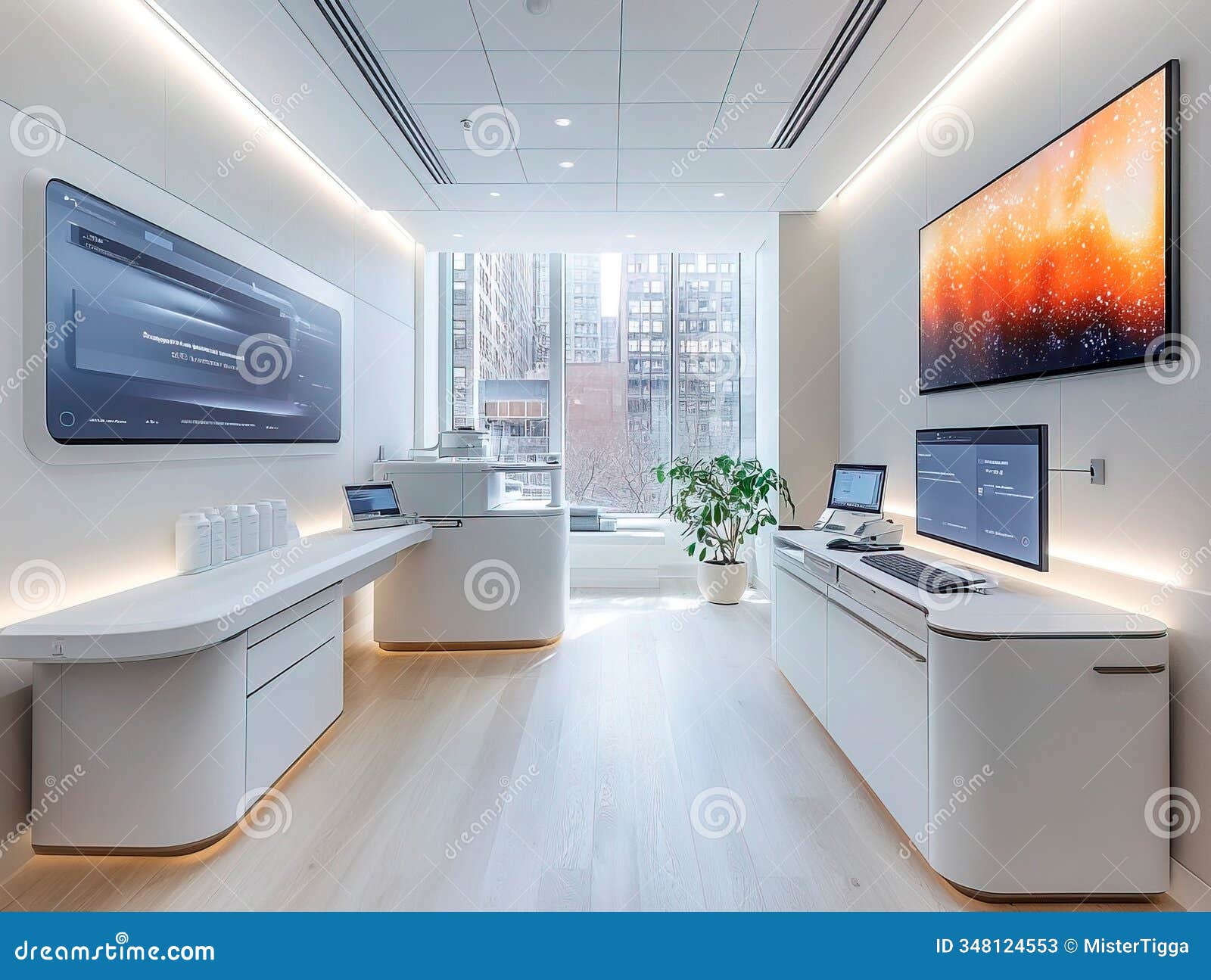 Modern Office Reception Area with a Sleek Design, Utilizing White and ...