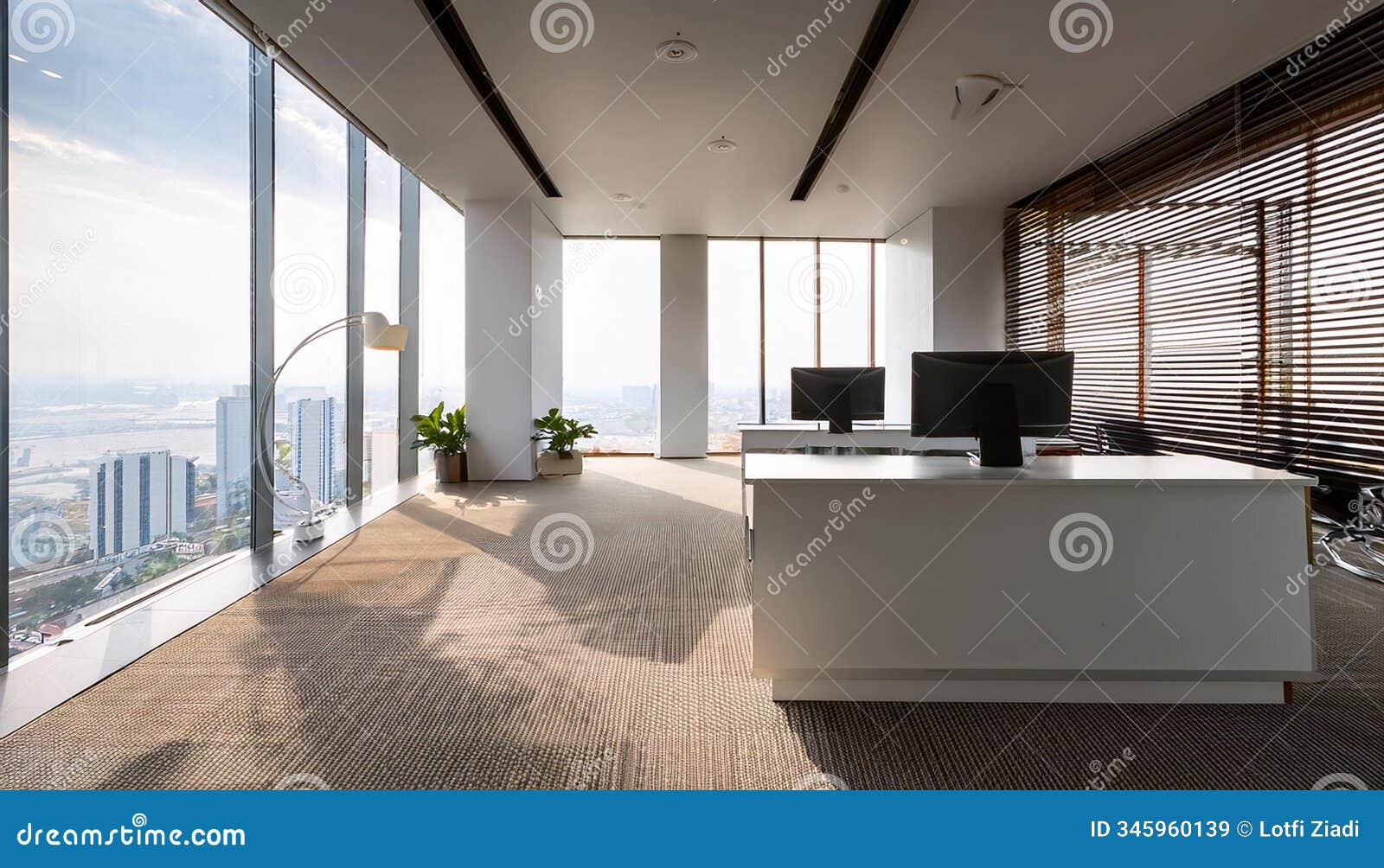 Modern Office Reception Area with Sleek Desk, Two Computers, and ...