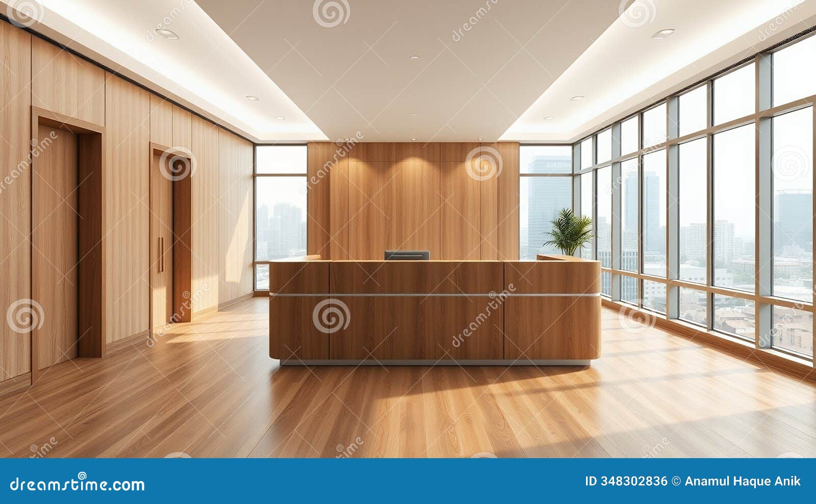 Modern Office Reception Area with a Wooden Desk and Large Windows Stock ...
