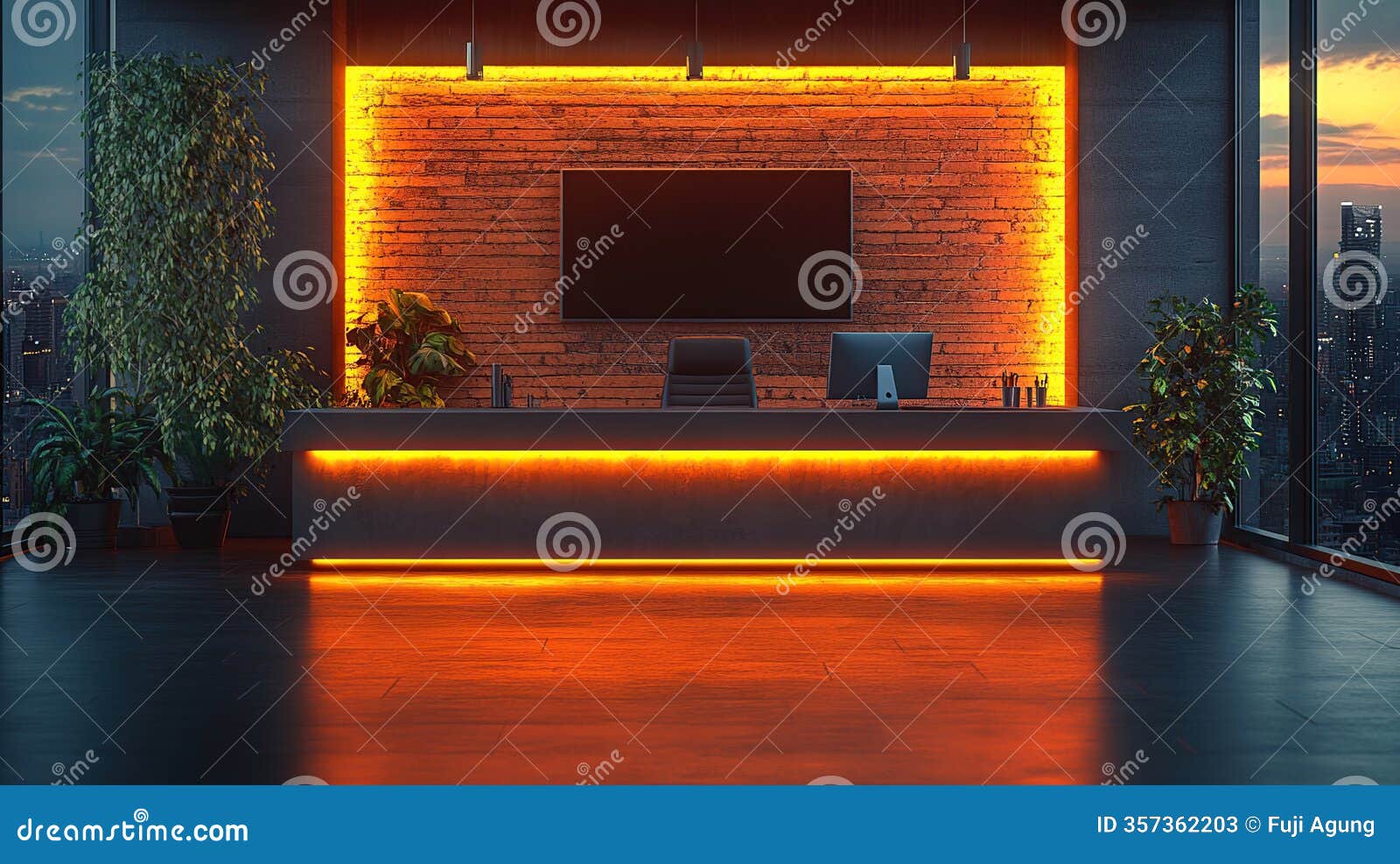 Modern Office Reception Desk with Brick Wall, Plants, and City View at ...