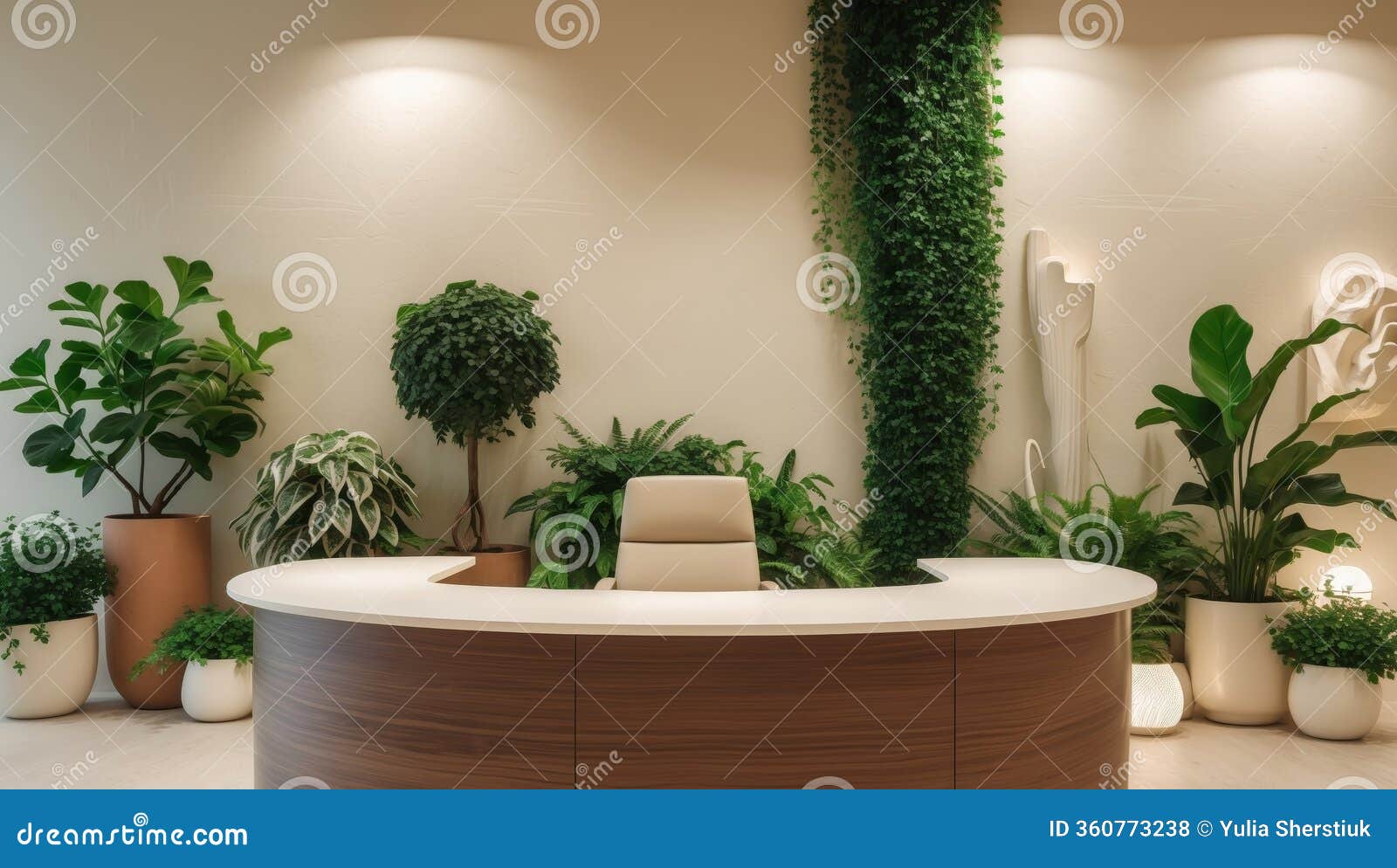 Modern Office Reception Desk Design with Plants Stock Photo - Image of ...