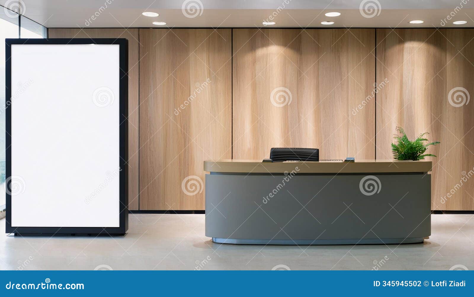 Modern Office Reception Desk with a Large Blank Vertical Display on the ...