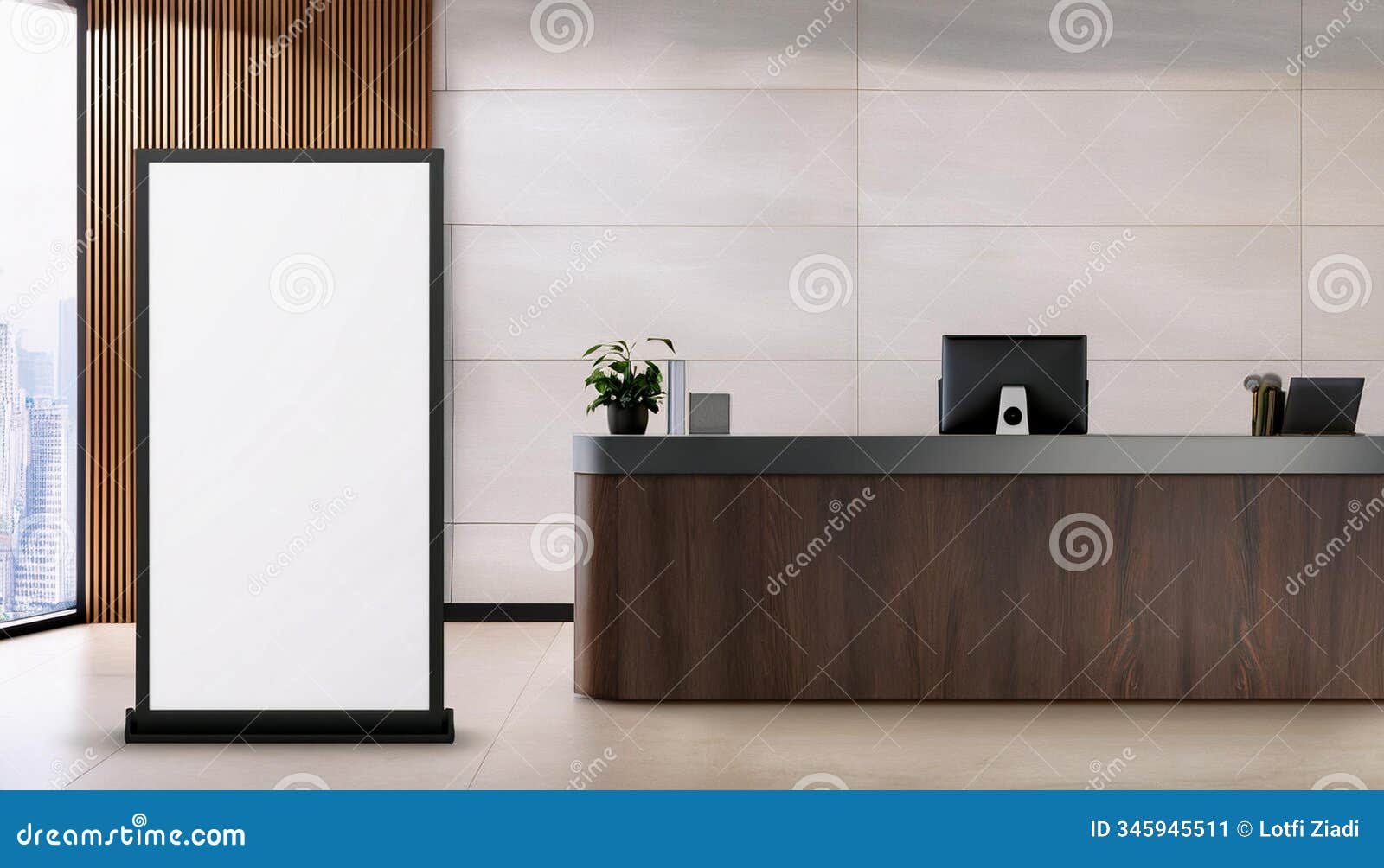Modern Office Reception Desk with a Large Blank Vertical Display on the ...