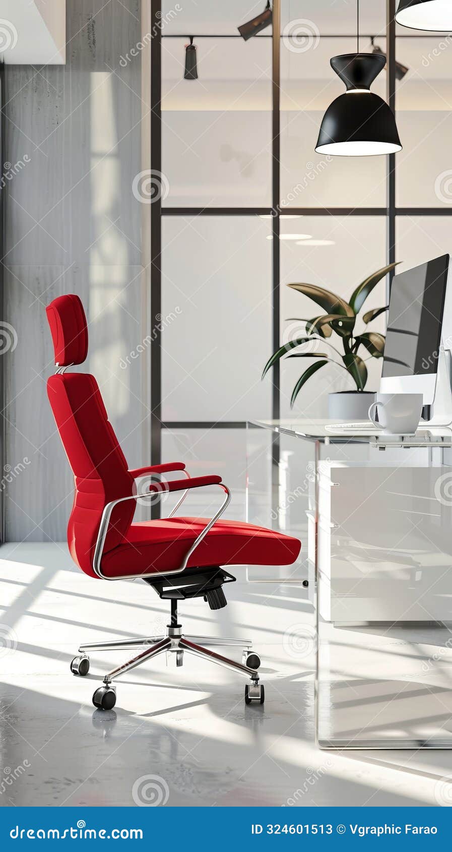 Modern Office with Red Ergonomic Chair and Desktop Computer ...