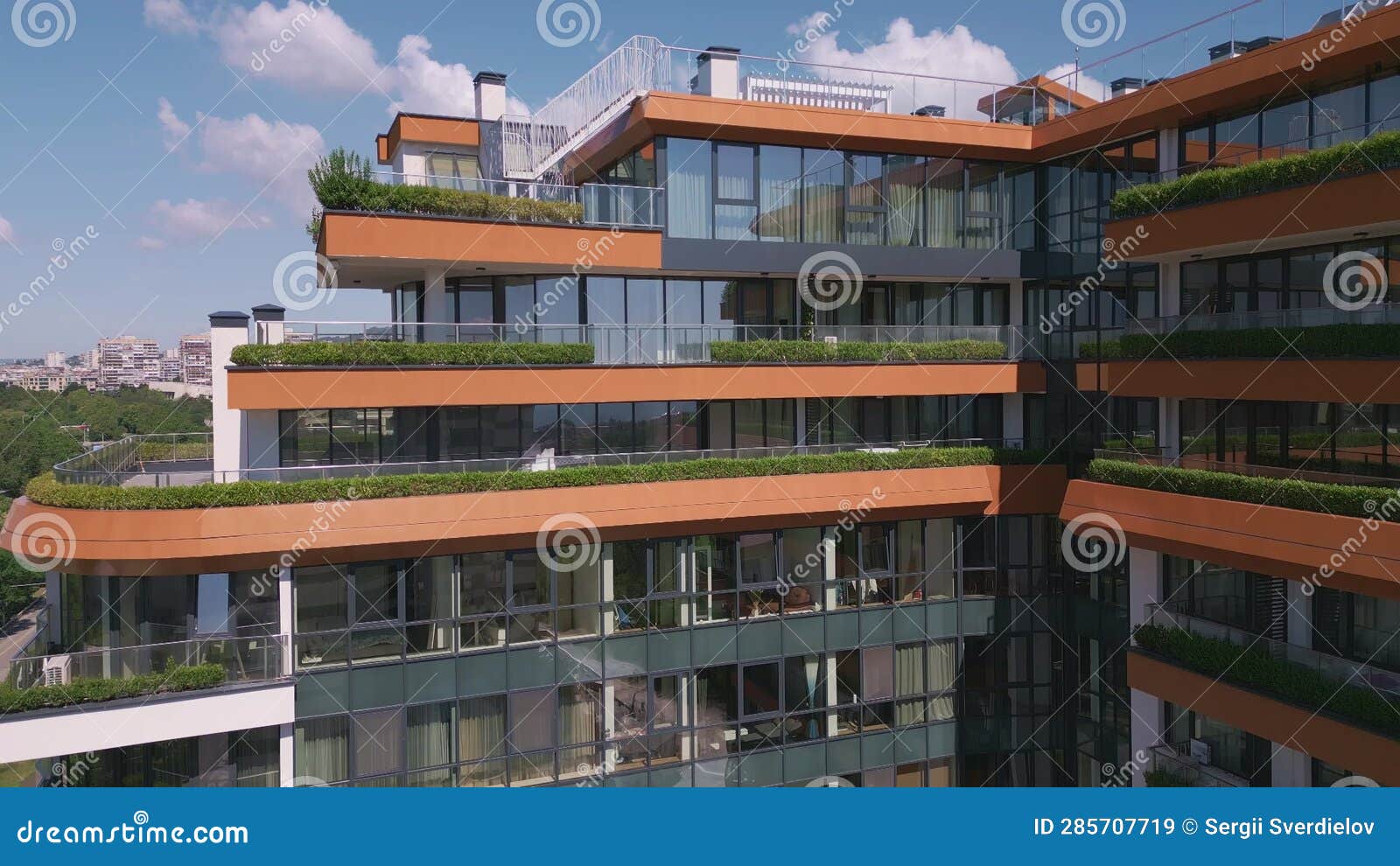 Modern Office or Residential Building Facade Background. Drone Flight ...