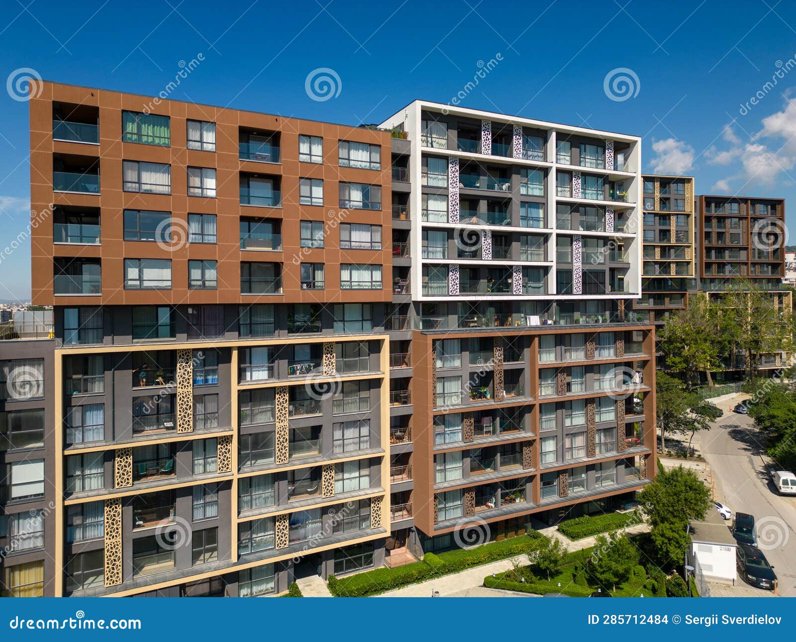 Modern Office or Residential Building Facade Background. Drone Flight ...