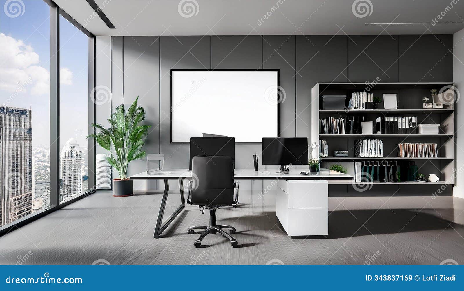 Modern Office Room Interior with Pc Computers and Shelf. Mockup Frame ...