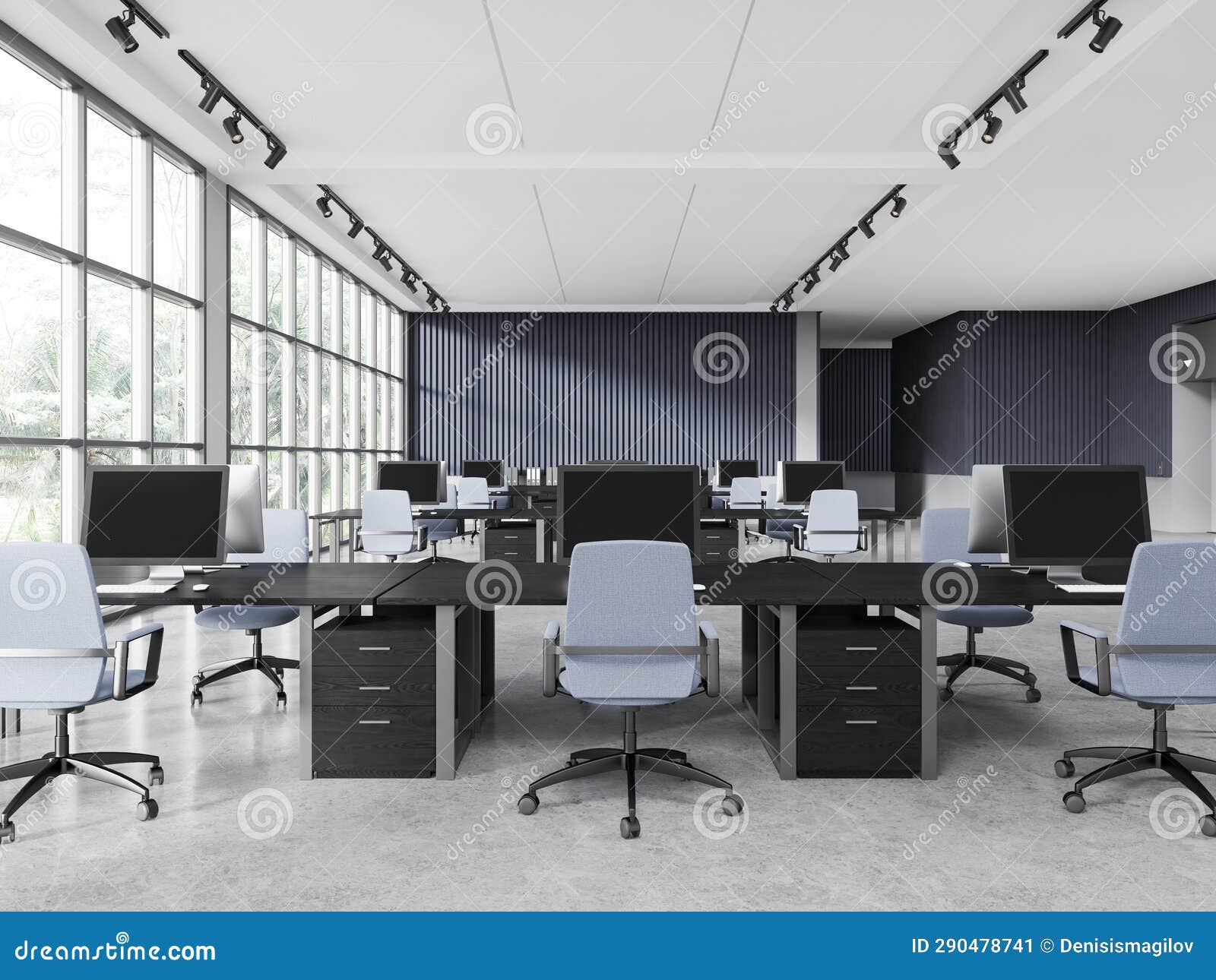 Modern Office Room Interior with Pc Computers on Table, Panoramic ...