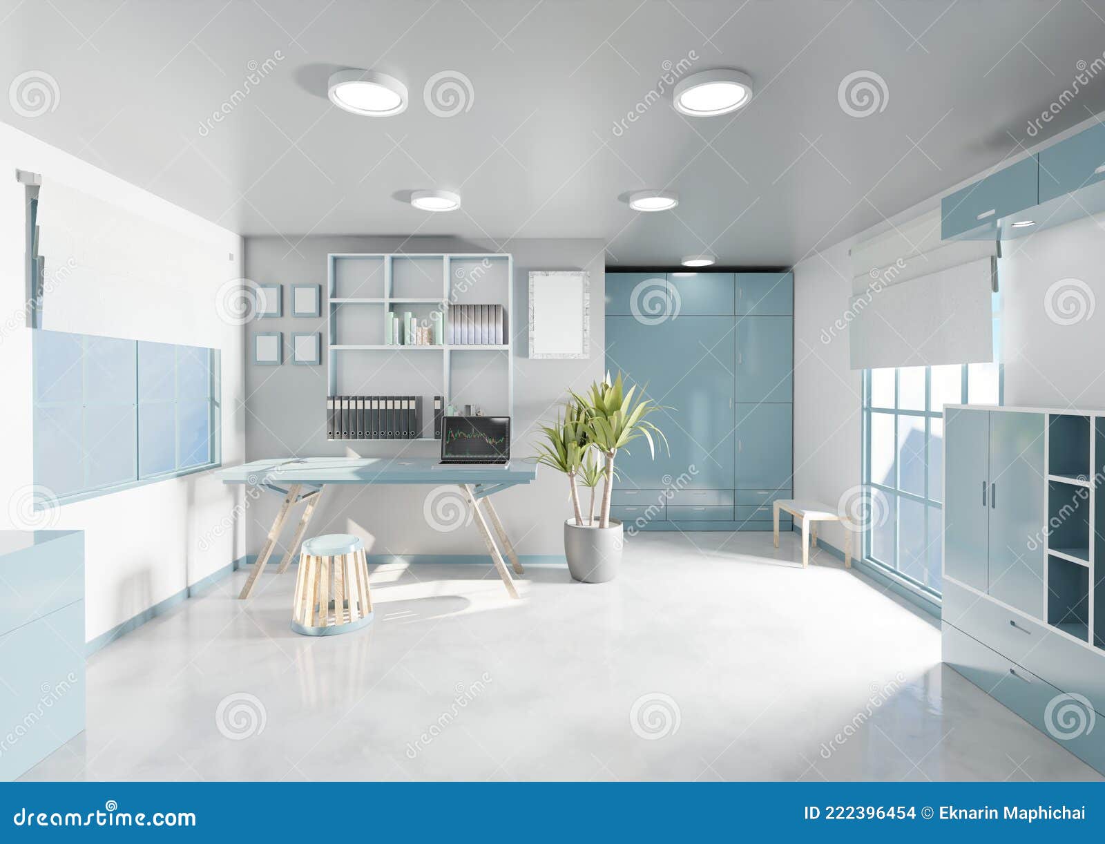 Modern Office Room Interior Scene 3D Render Stock Illustration ...