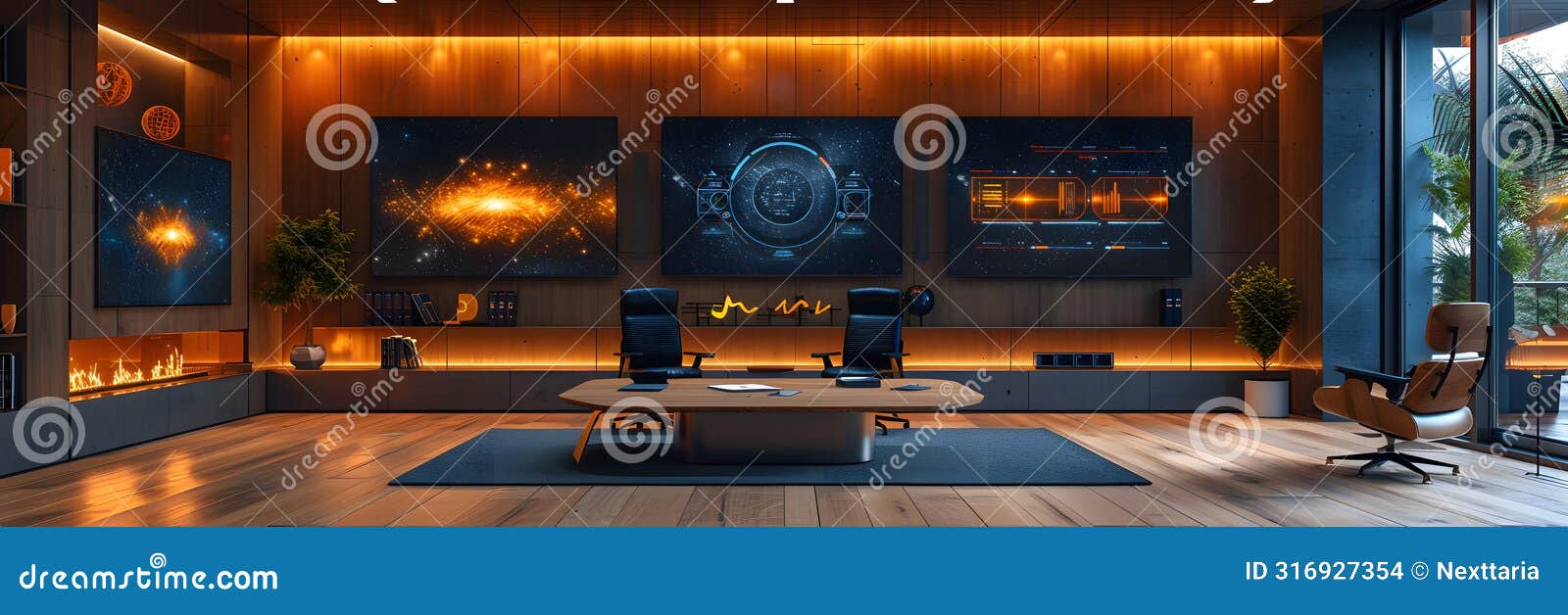 Modern Office Scene with Big TV Screens, Office Table, and Designers ...