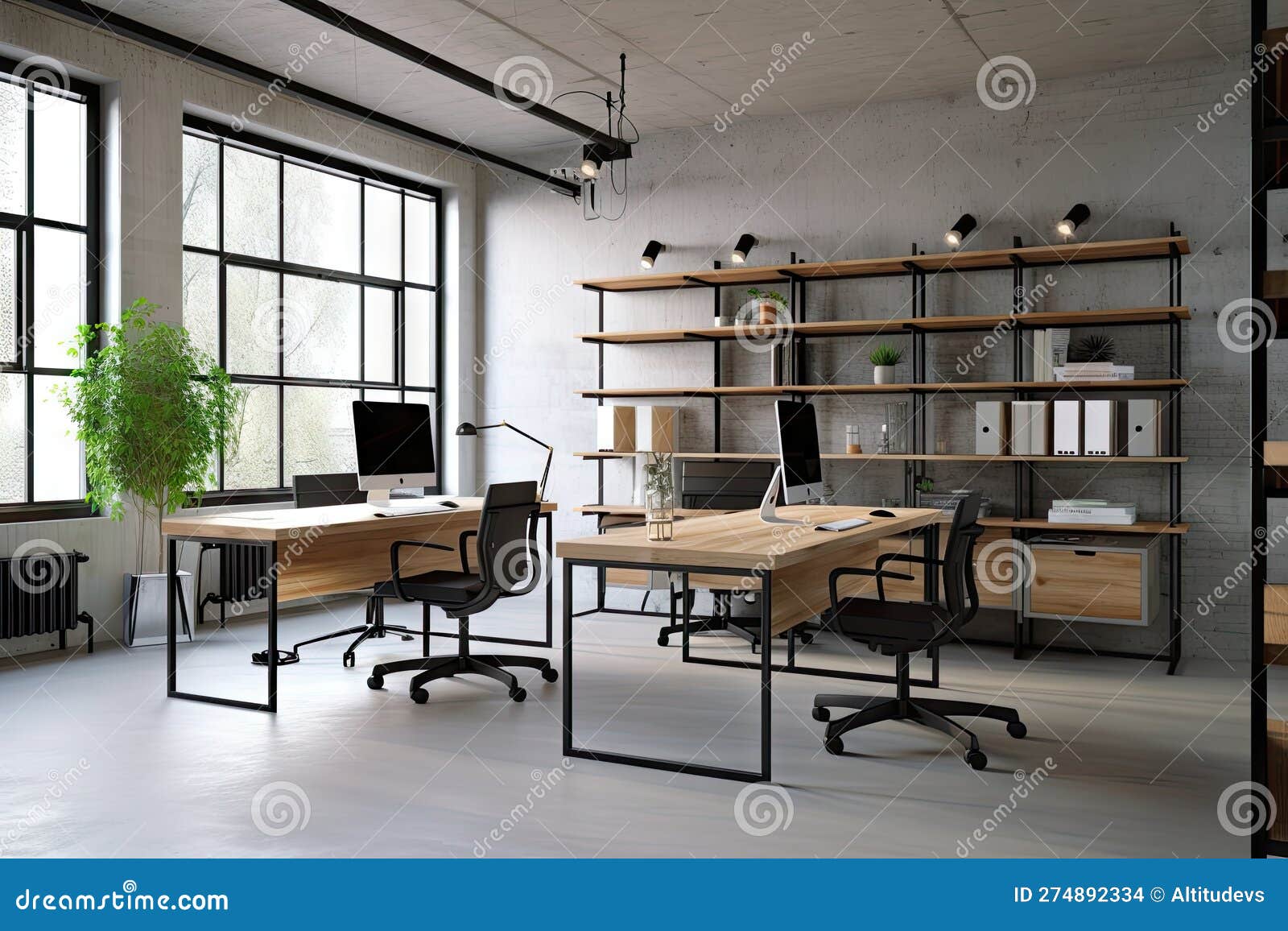 Modern Office Setting with Industrial Desks, Chairs, and Shelving Stock ...