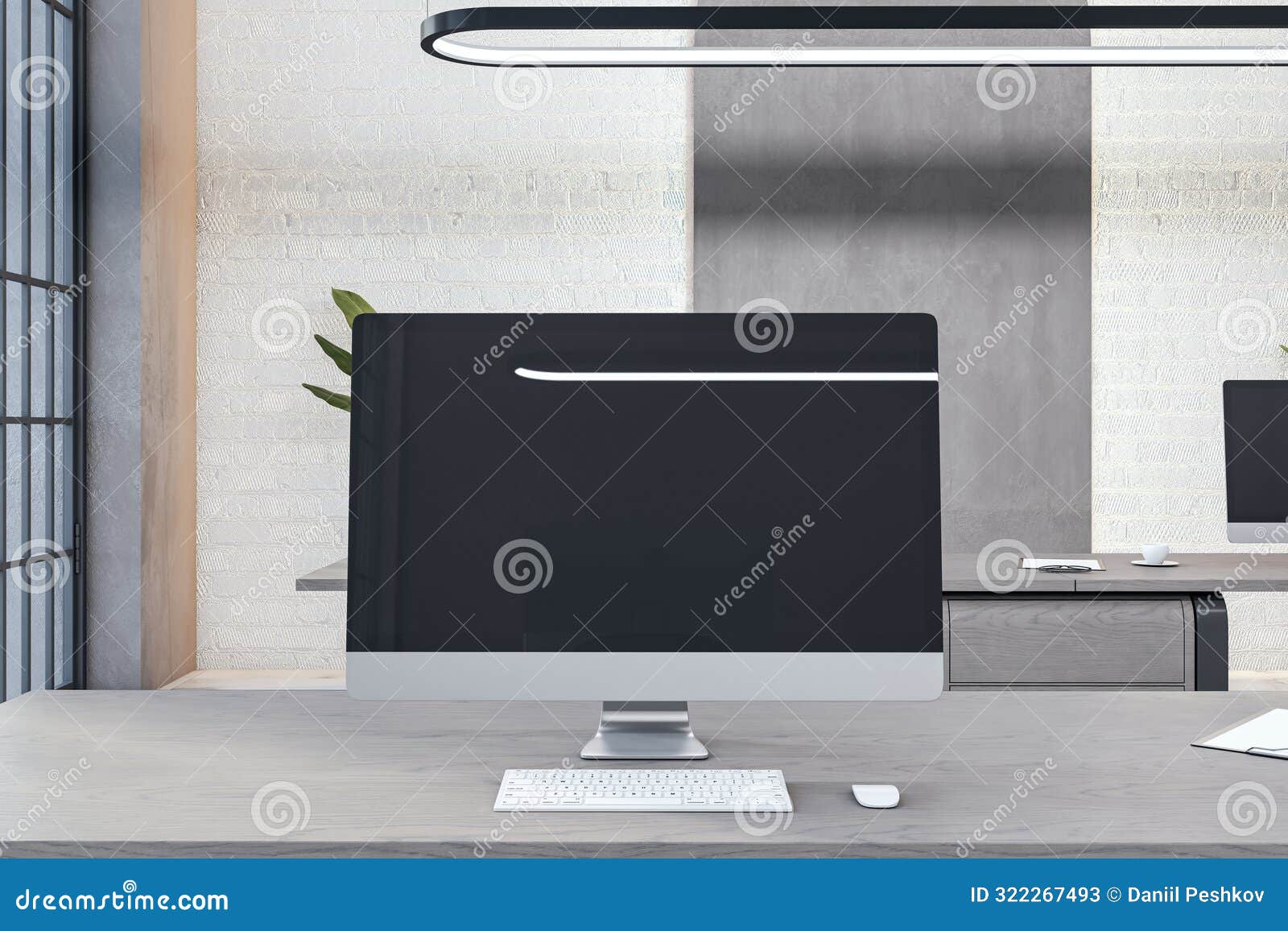 Modern Office Setup with a Black Computer Screen on a Desk, Concrete ...