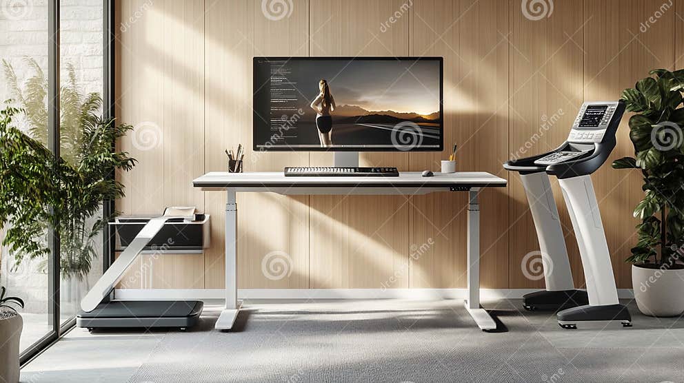 Modern Office Setup Featuring a Standing Desk and Treadmill for ...