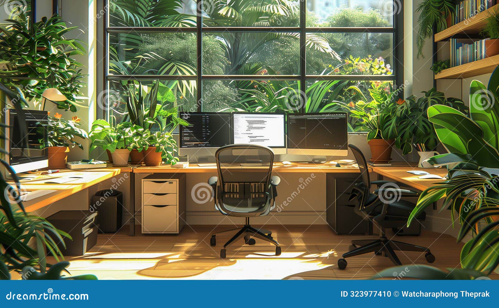 A Modern Office Setup with Multiple Monitors Surrounded by Lush ... A Modern Office Setup with Multiple Monitors Surrounded by Lush ...
