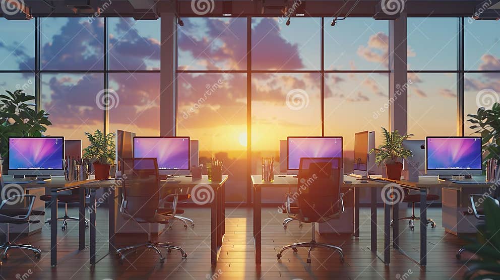 A Modern Office Setup with Several PC Computer Workstations Arranged in ...