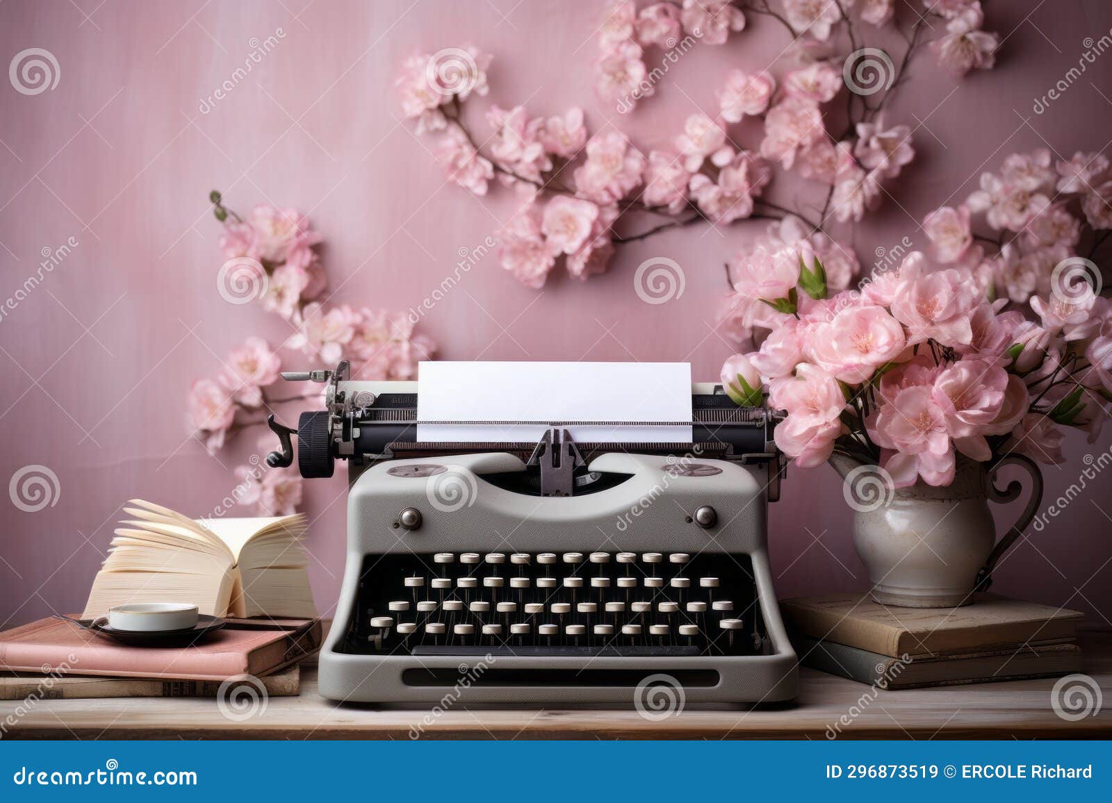 Organize with Style: Pink Typewriter, Notebook, Tablet, and Flower ...