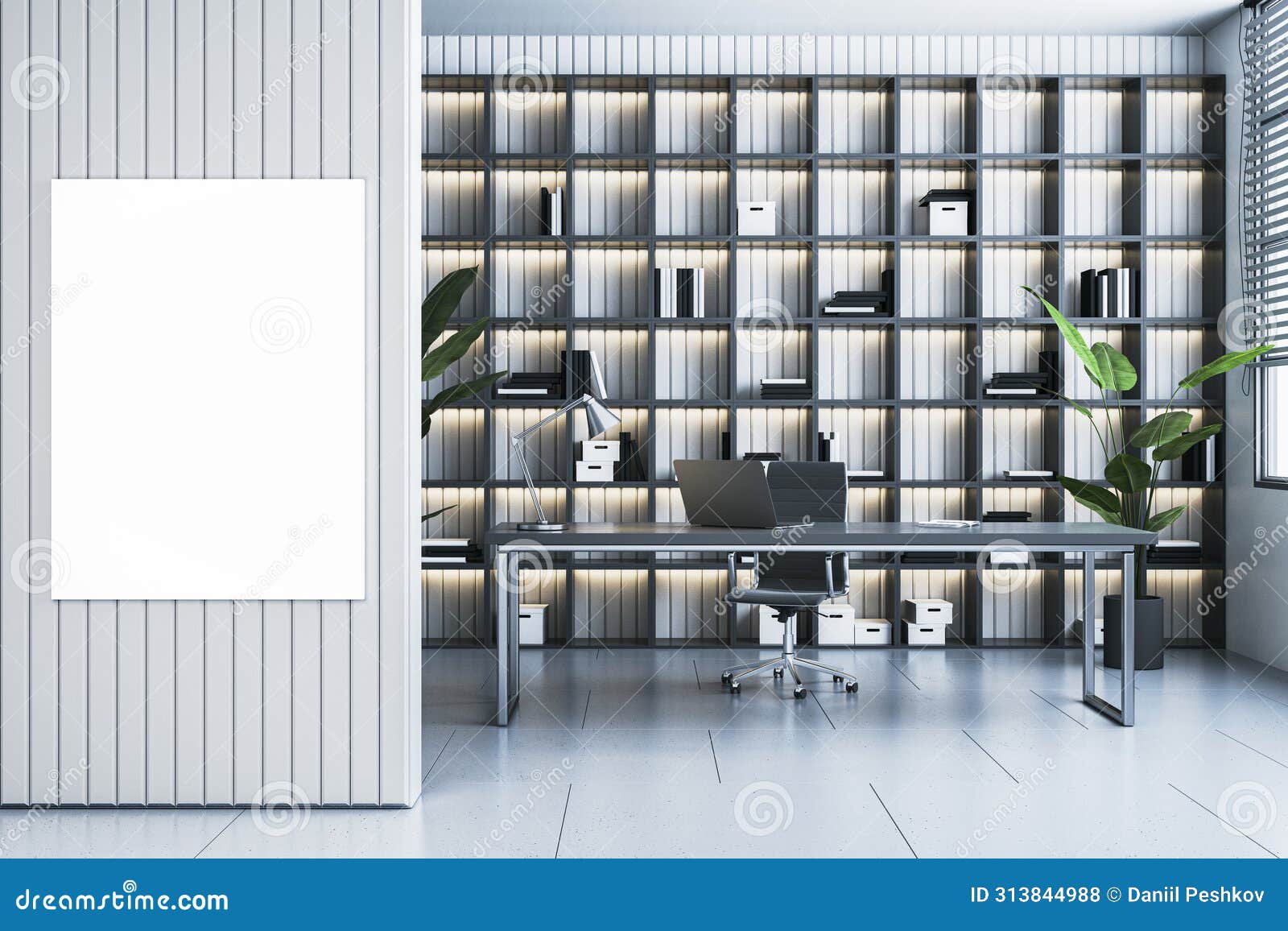 Modern Office with Shelves or Library Interior with Workplace and Mock ...