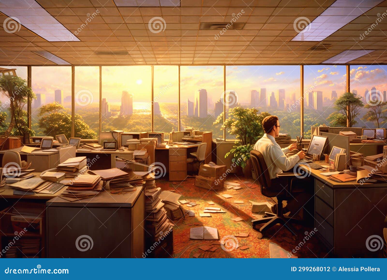 Modern Office Space with Computers, Desks, Chaos with Paper All Around ...