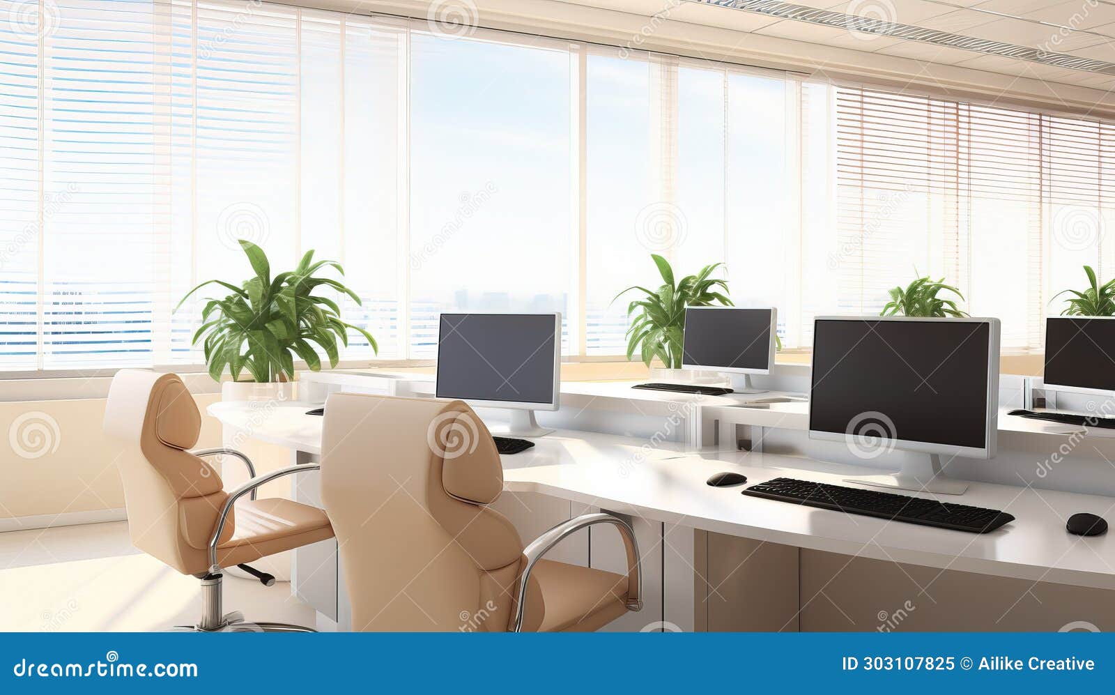 Modern Office Space with Computers and Plants Stock Illustration ...