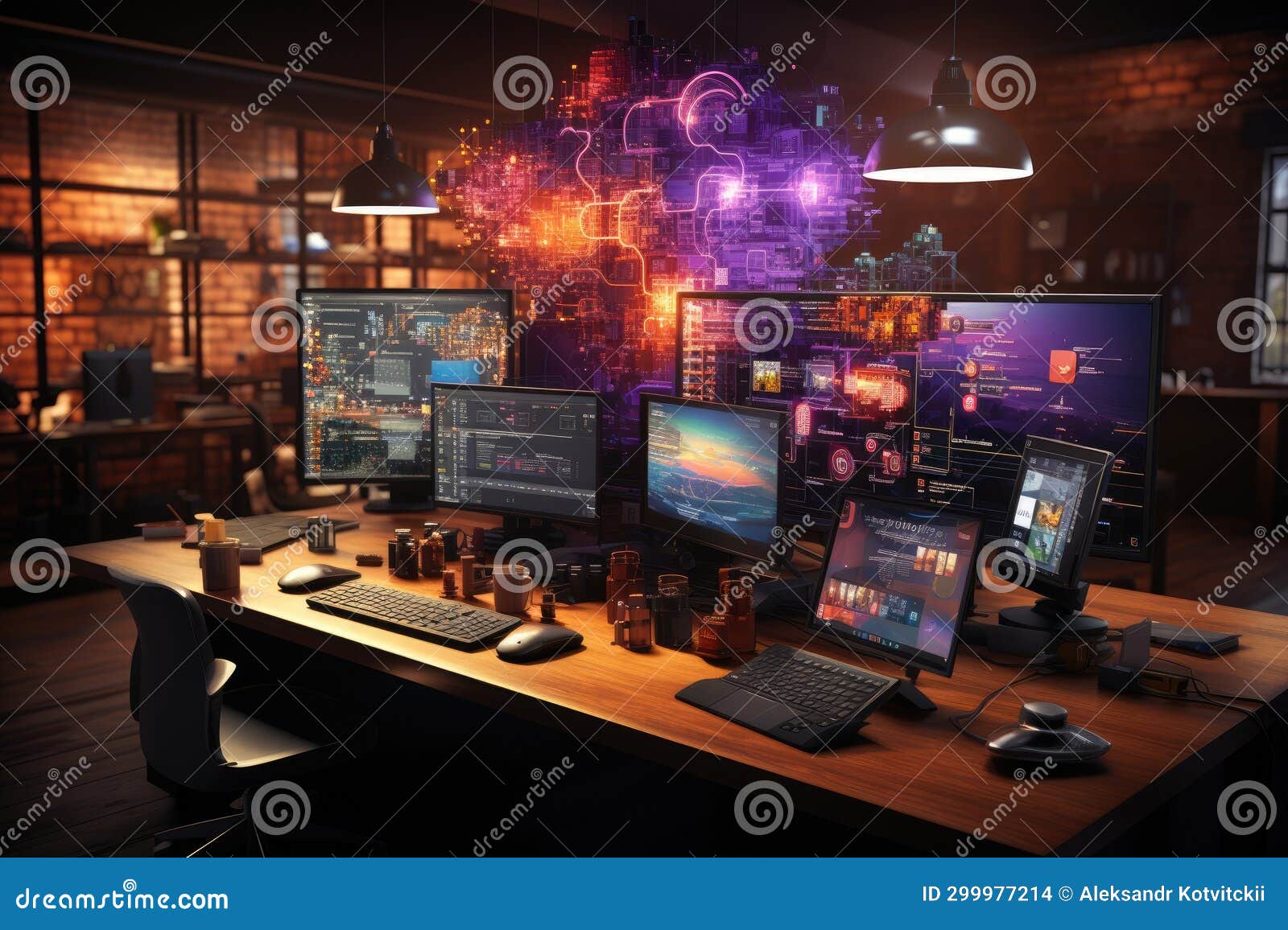Modern Office Space is Depicted with Numerous Computer Screens ...