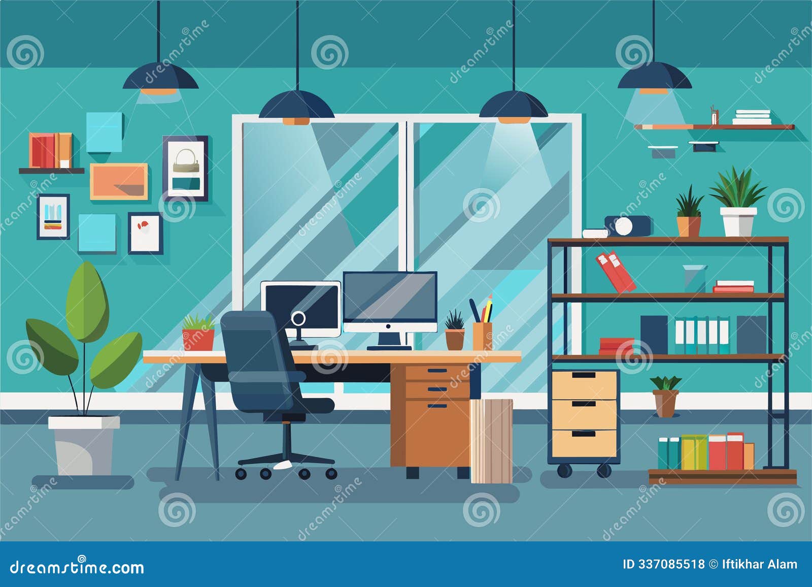 A Modern Office Space Design Showcasing a Sleek Workspace with Shelves ...