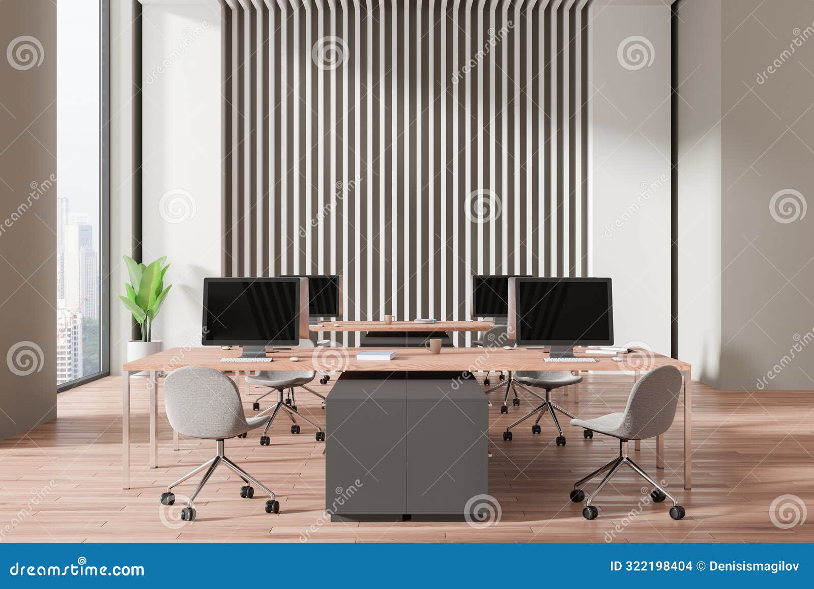 Modern Office Space with Desks and Computers, Minimalist Design, Wooden ...