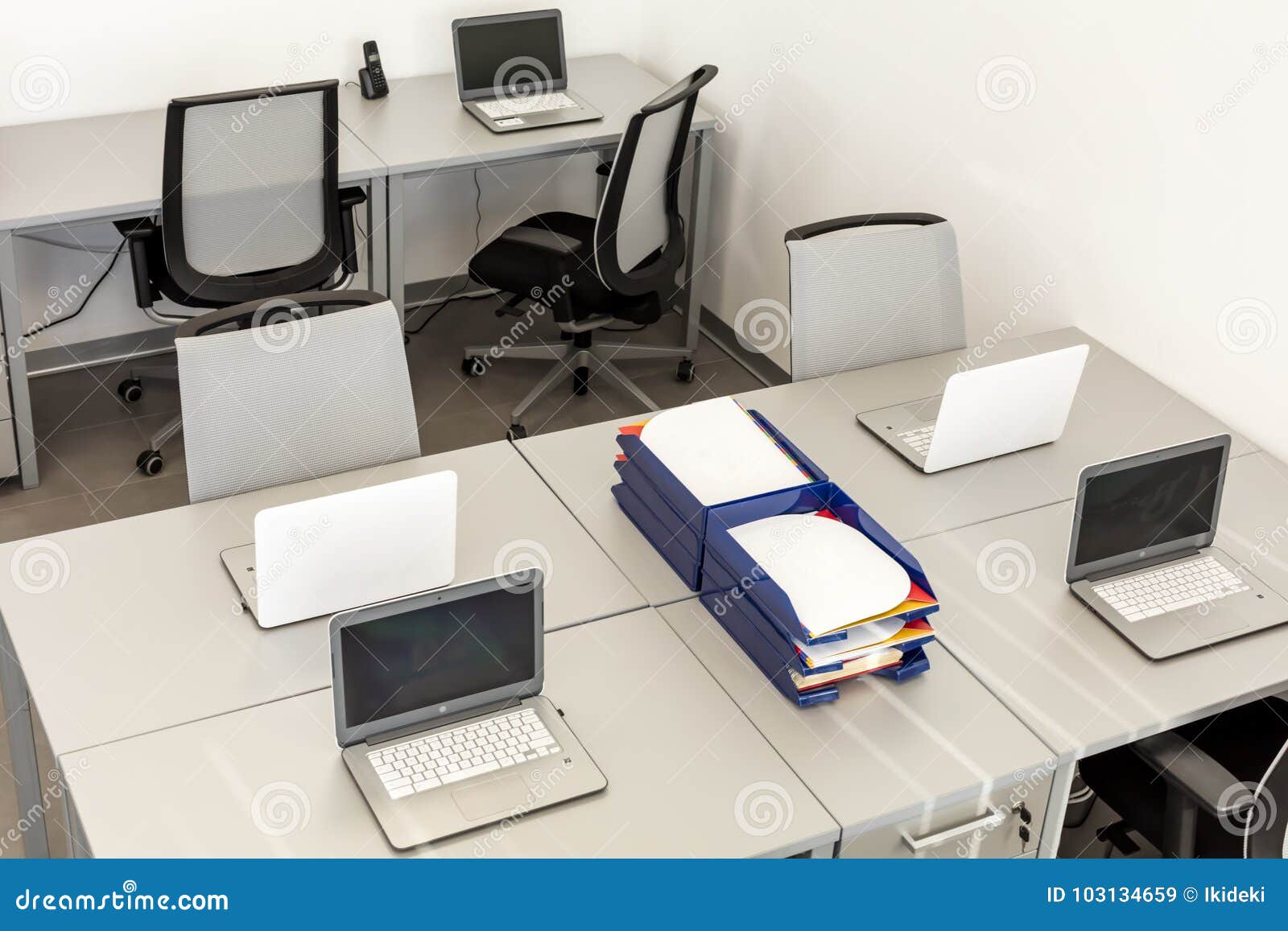 Modern Office Space, with Desks and Laptops Stock Image - Image of ...