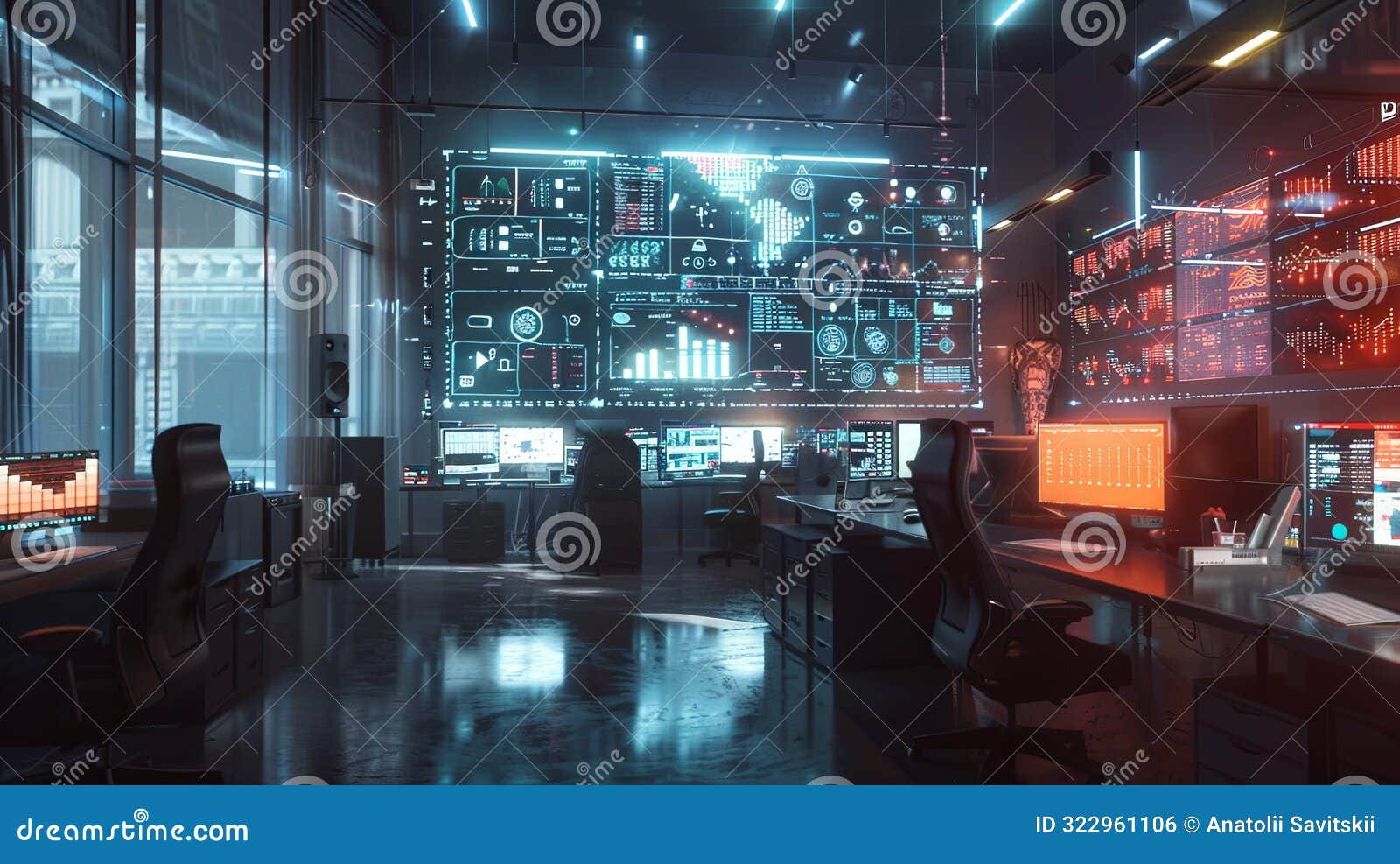 A Modern Office Space with Digital Screens Displaying Data Analysis and ... A Modern Office Space with Digital Screens Displaying Data Analysis and ...